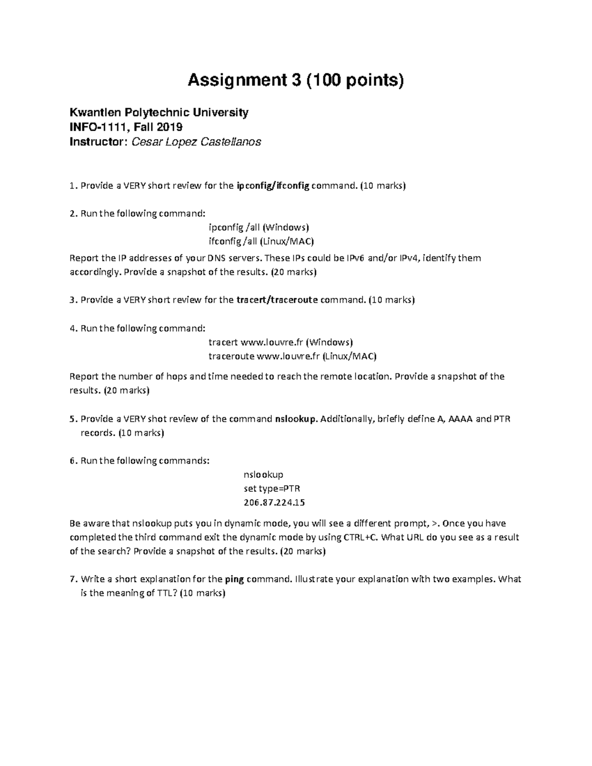 Assignment 3 Fall 2019 - Assignment 3 (100 points) Kwantlen Polytechnic ...