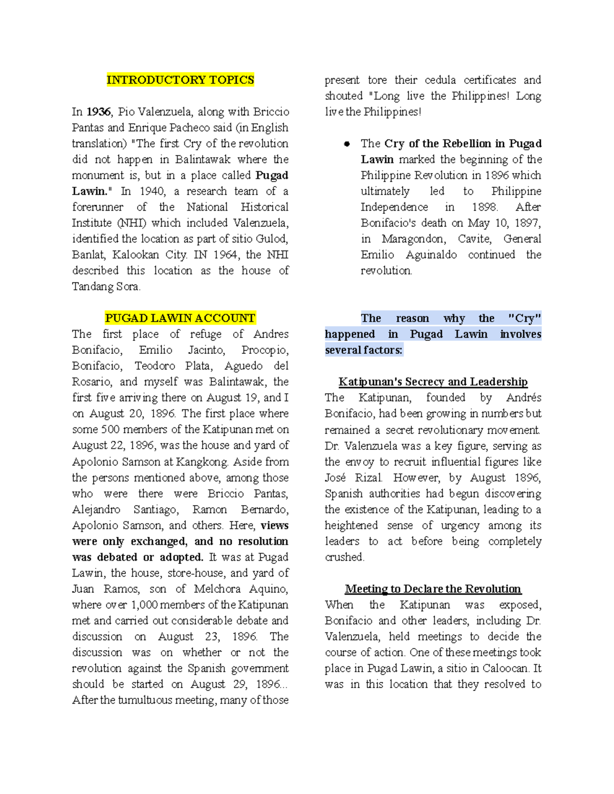 RPH Debate Pointers - INTRODUCTORY TOPICS In 1936 , Pio Valenzuela ...