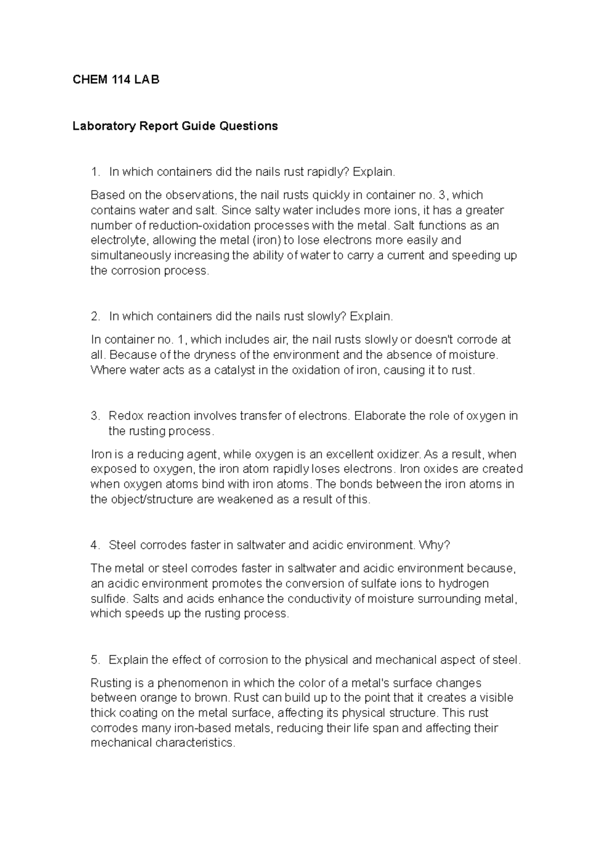 CHEM 114 - LAB Report - CHEM 114 LAB Laboratory Report Guide Questions ...