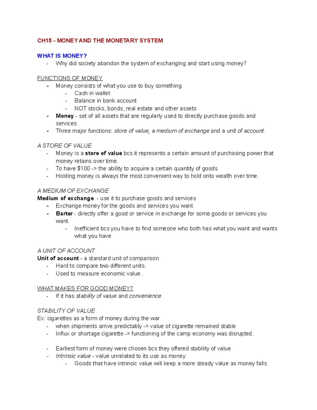 CH15 - Lecture notes for Macroecon for first year - CH15 - MONEY AND ...