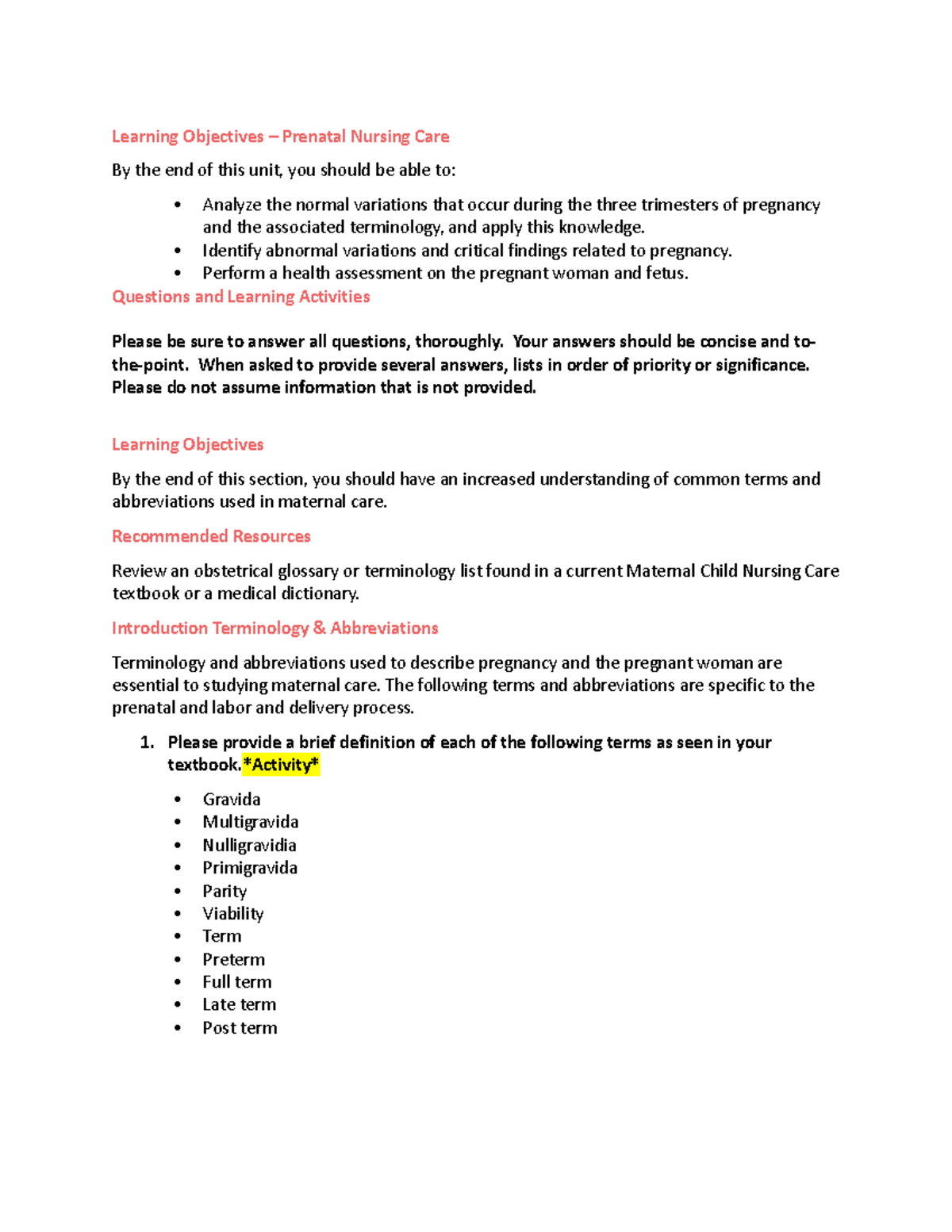 OB Case Study-1 - ob school - Learning Objectives – Prenatal Nursing ...