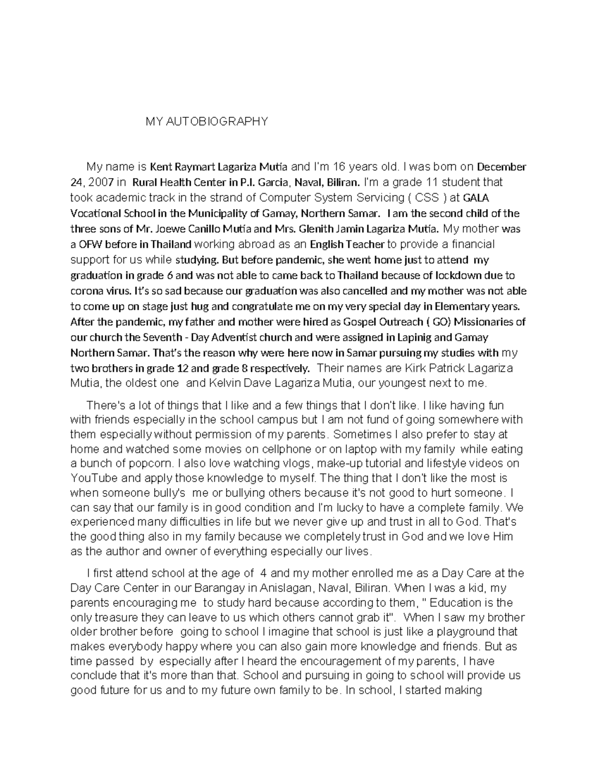 My-Autobiography - Autobiography - MY AUTOBIOGRAPHY My name is Kent ...