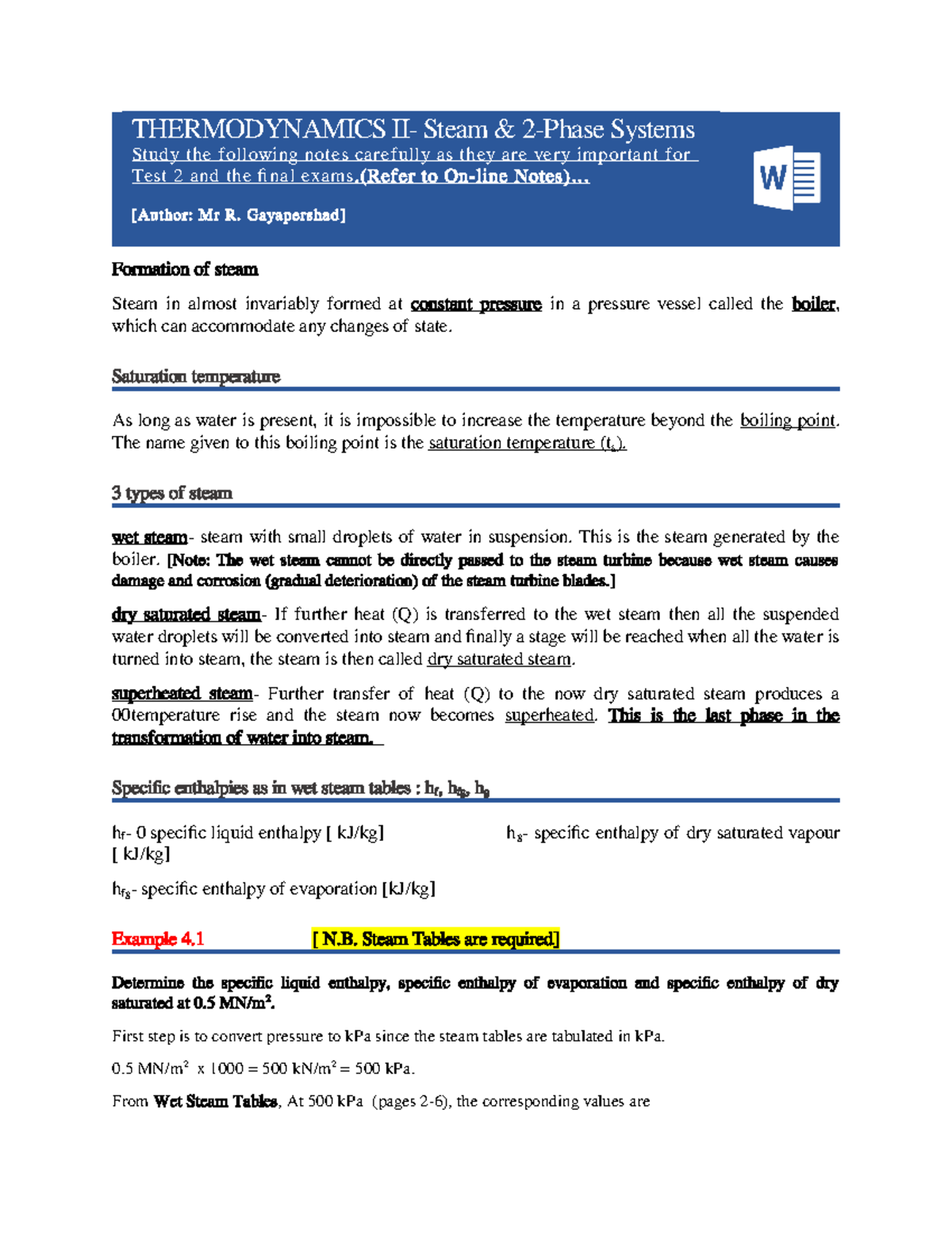 THER102 Steam Notes (Summarised version,) - THERMODYNAMICS II- Steam ...