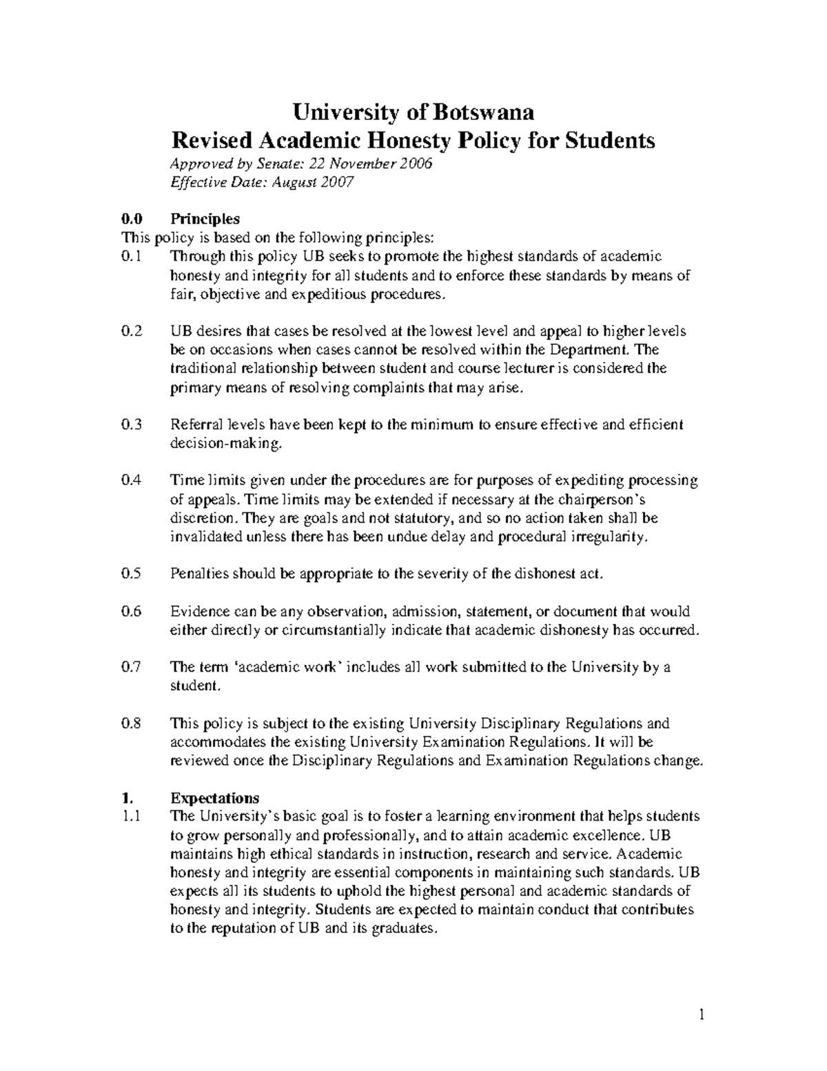 Academic Honesty Policy for Students - University of Botswana Revised ...