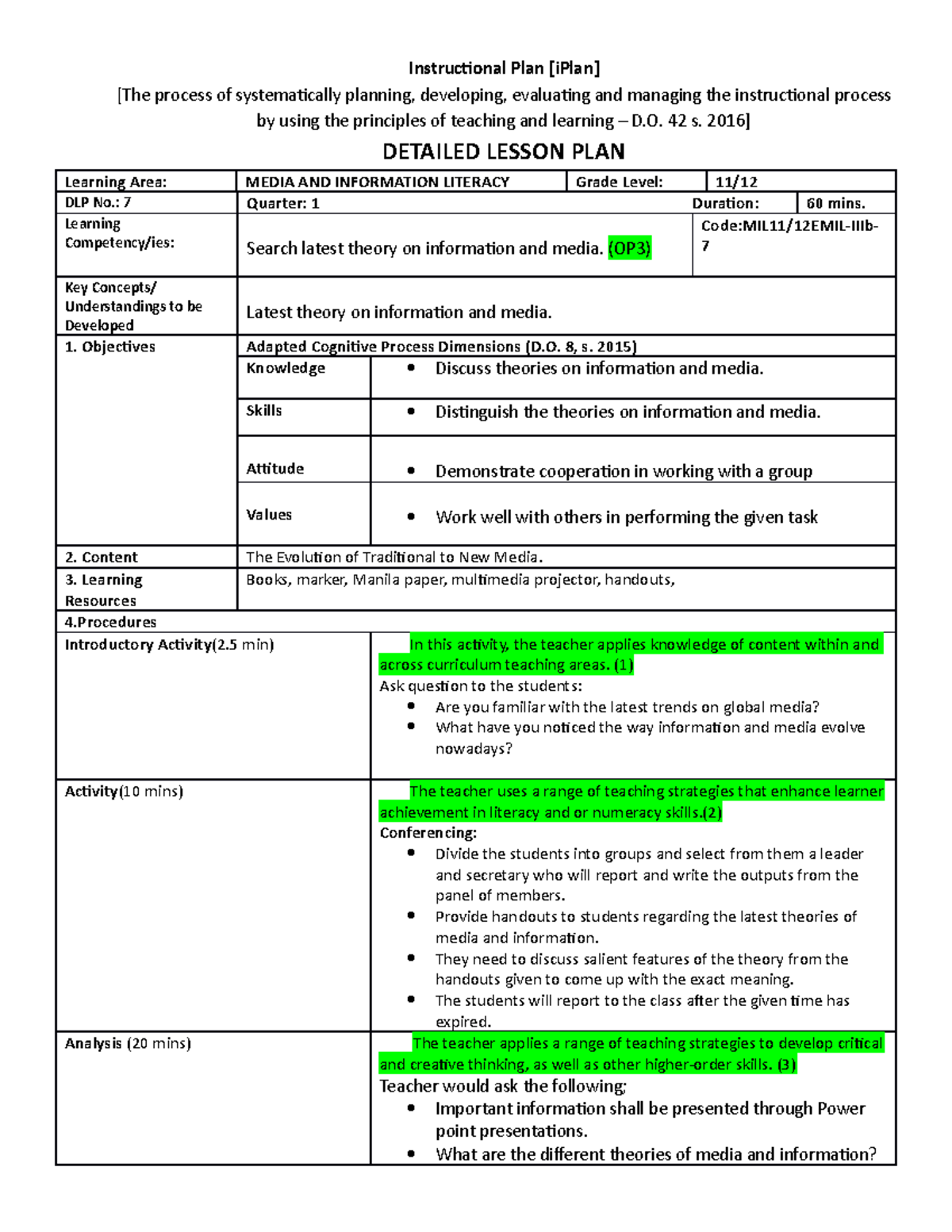 MILQ1 LC7 - MIL - Instructional Plan [iPlan] [The process of ...