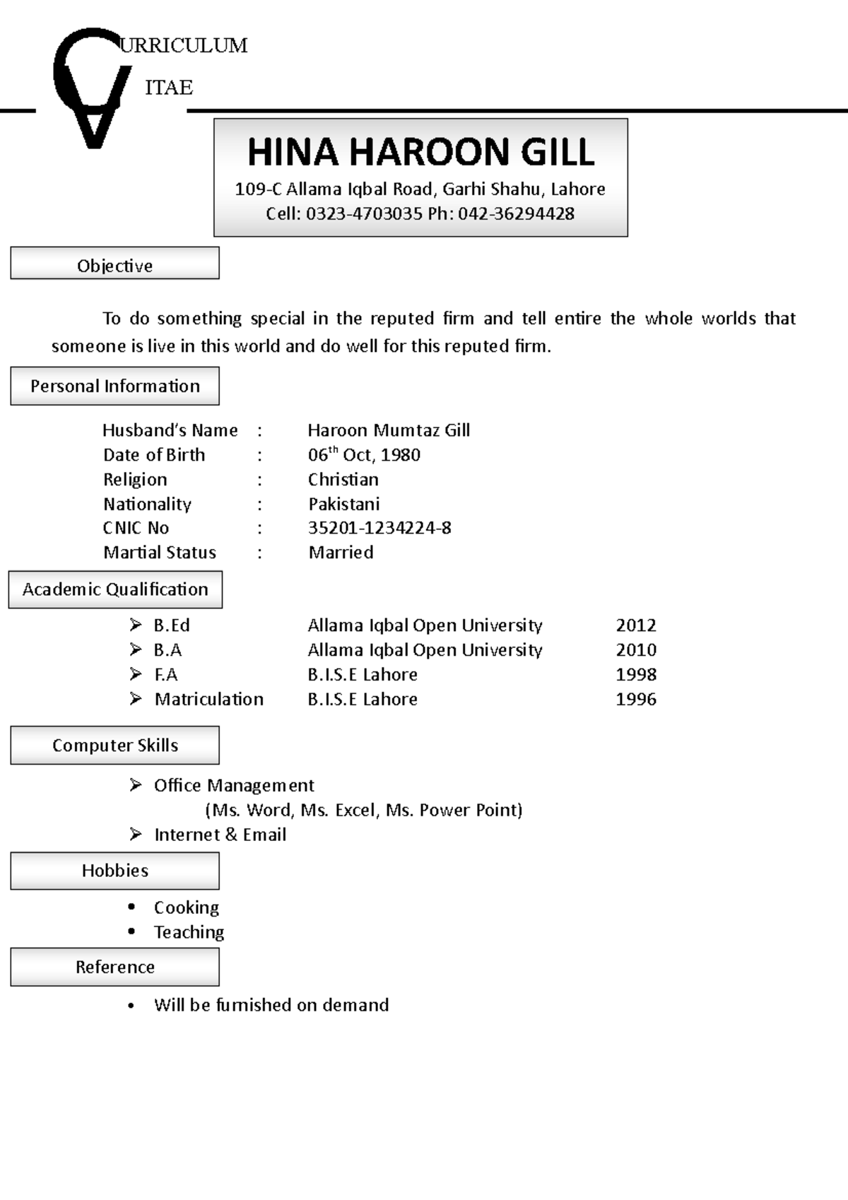 CV Haroon - Grade: 8888 - To do something special in the reputed firm ...