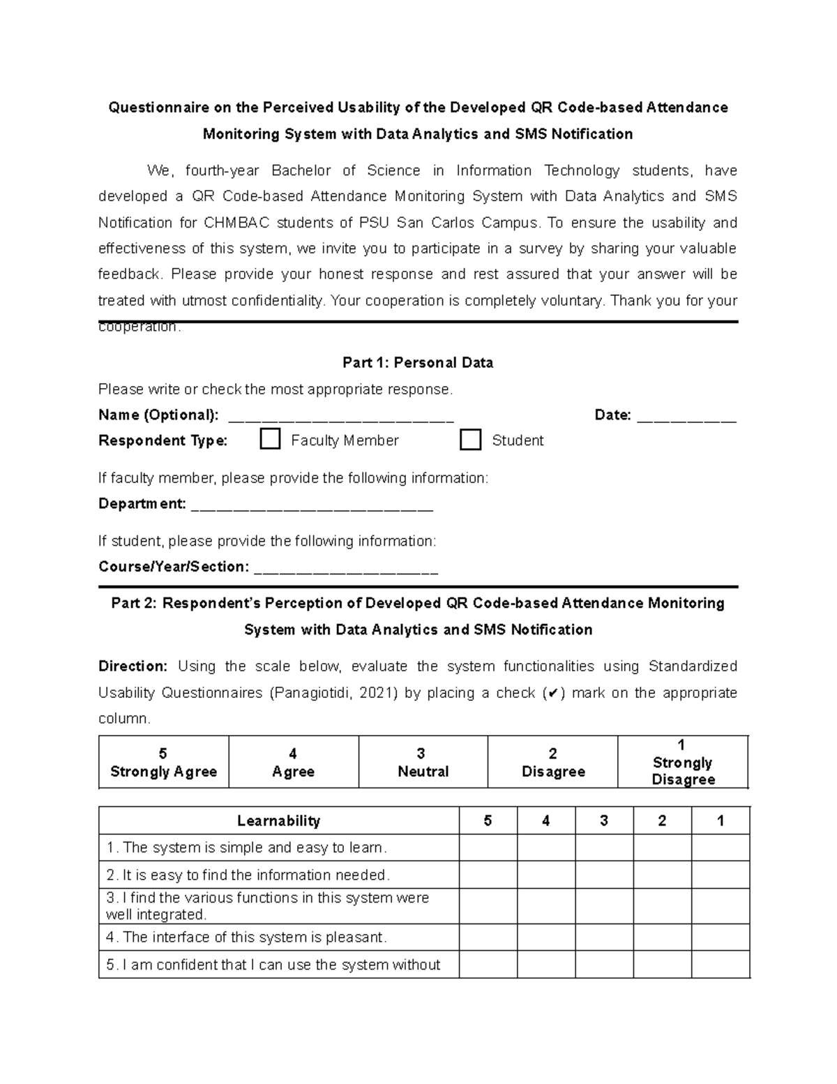 Survey questionnaire - Questionnaire on the Perceived Usability of the ...