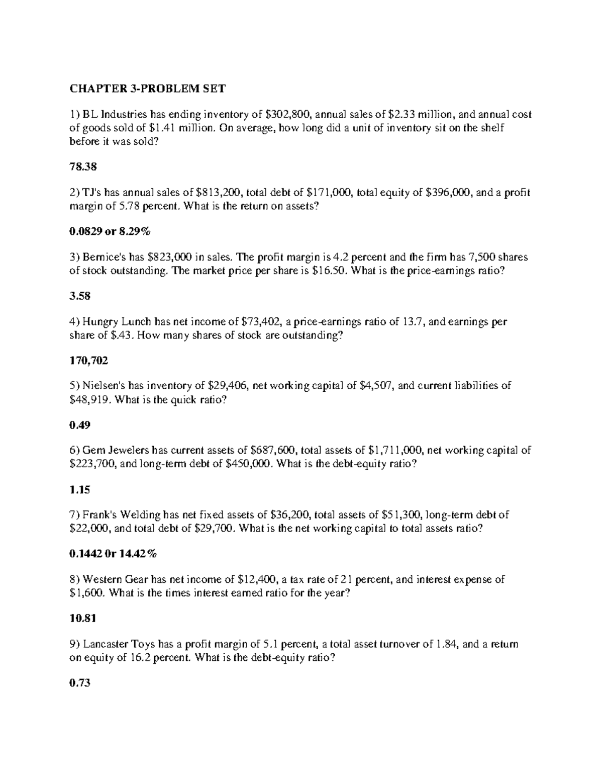 Problem Set Chapter 3 - Answer Key - CHAPTER 3-PROBLEM SET BL Industries has ending inventory of ...