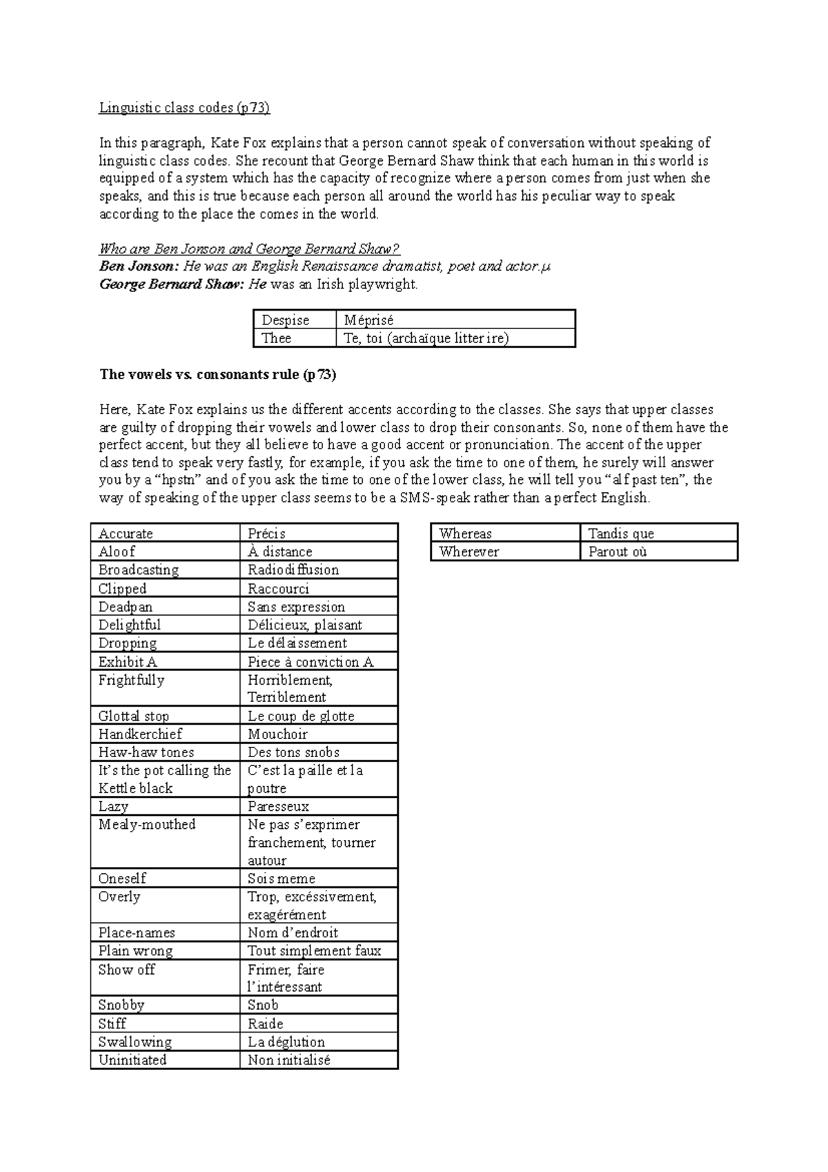 Linguistic class codes - Langue anglaise I - ULiège - Studocu