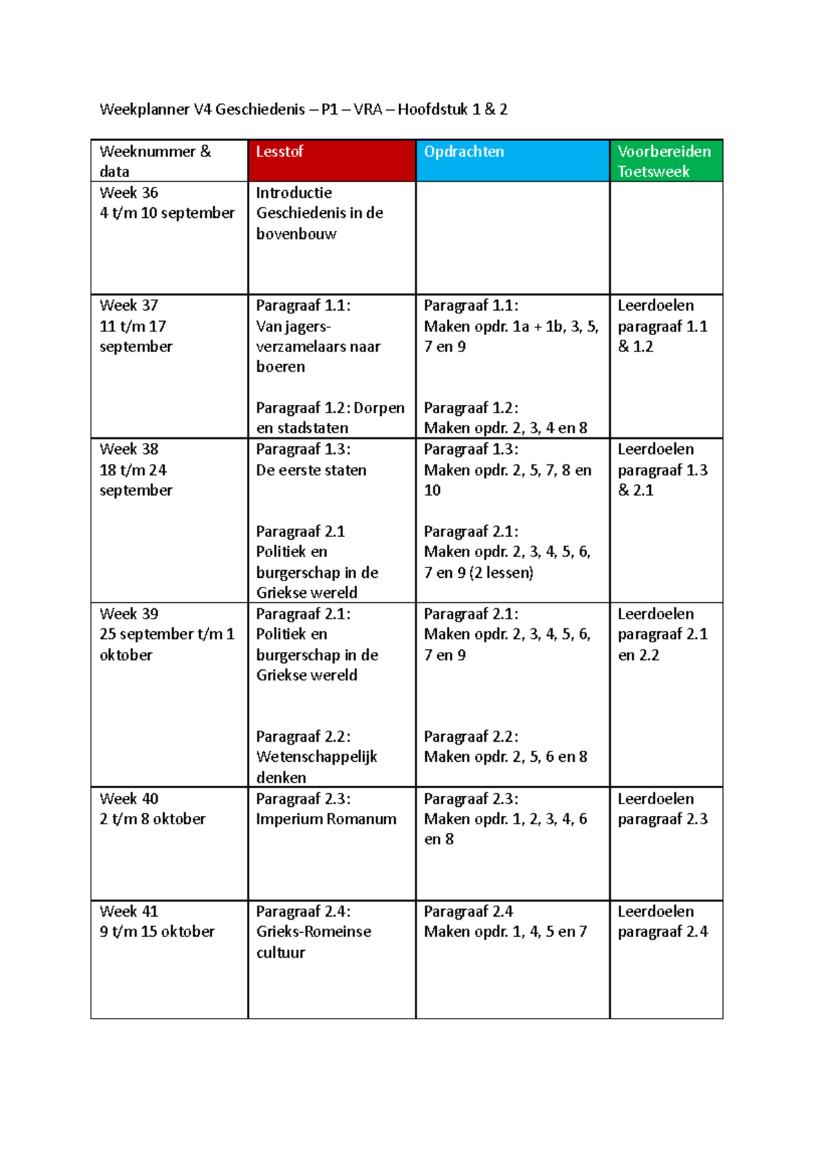 Planner V4 P1 23-24 - Weekplanner V4 Geschiedenis – P1 – VRA ...