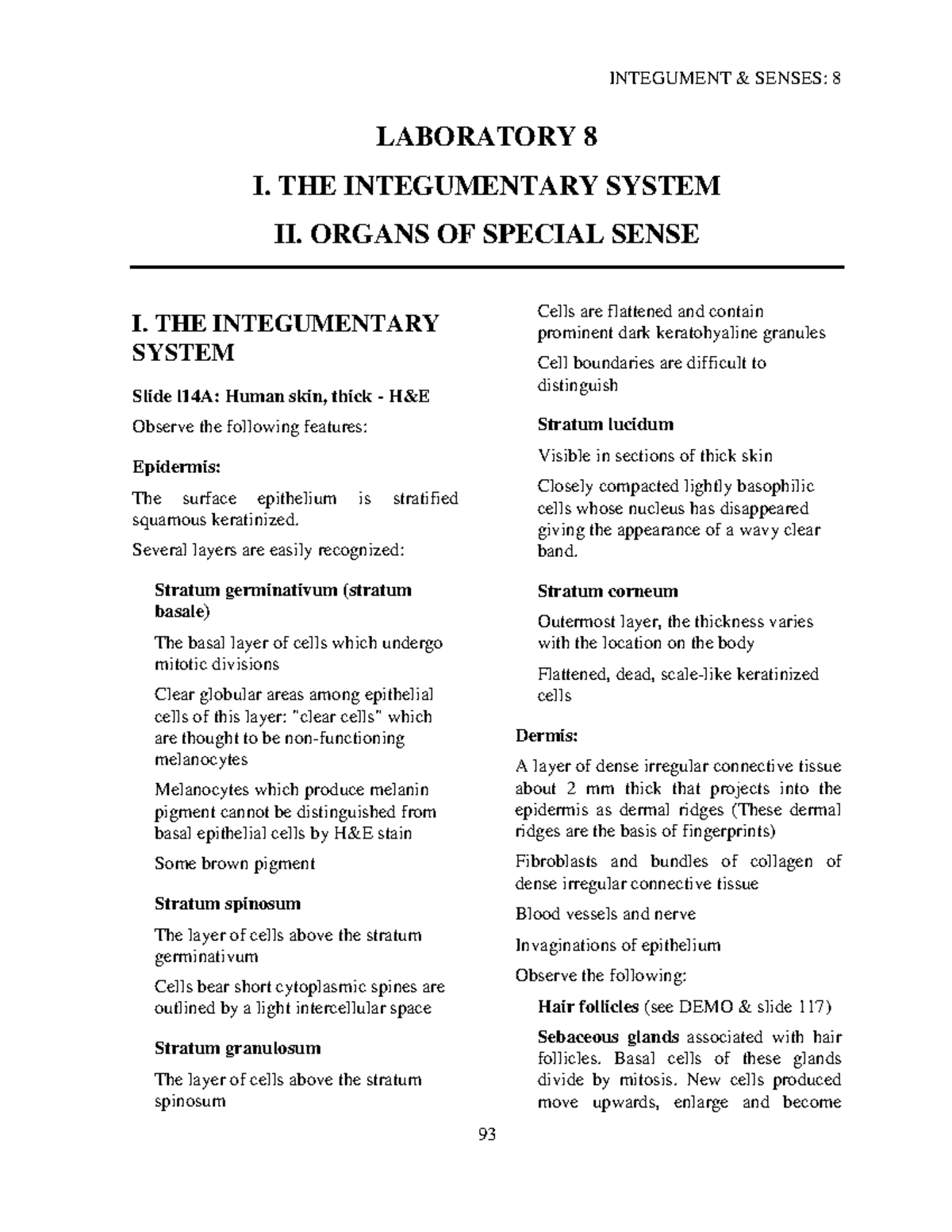 Lab 8 - Integumentary System & Organs of Special Sense - LABORATORY 8 I ...
