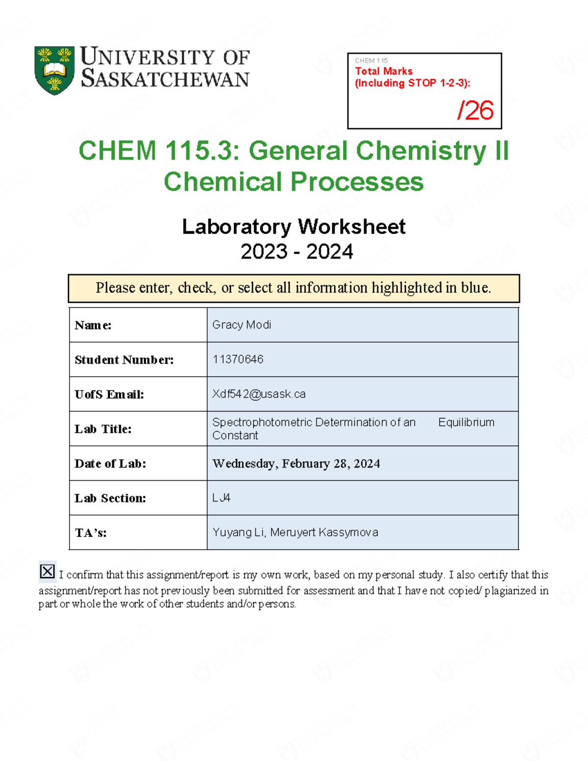 Experiment 5 - Post lab - CHEM 115: General Chemistry II Chemical Processes Laboratory Worksheet ...