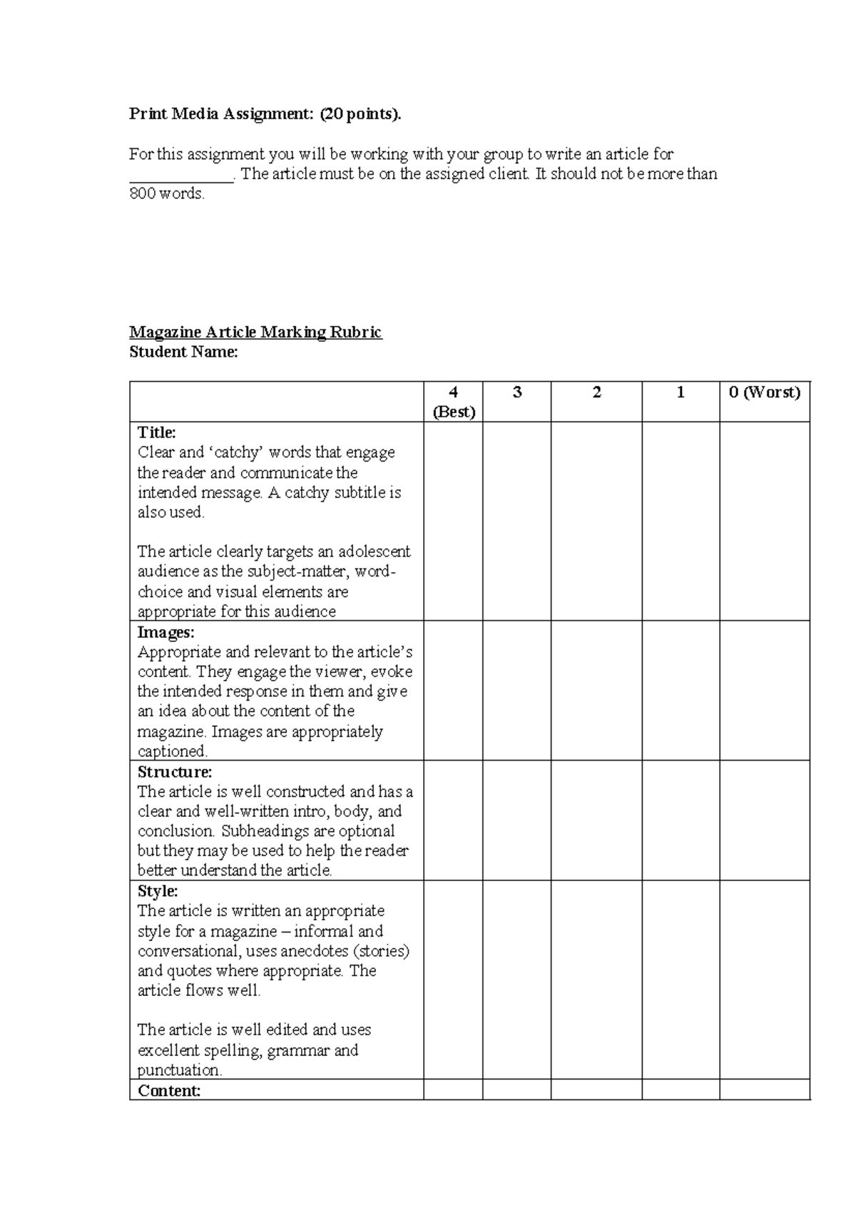 Magazine article marking rubric - Print Media Assignment: (20 points ...