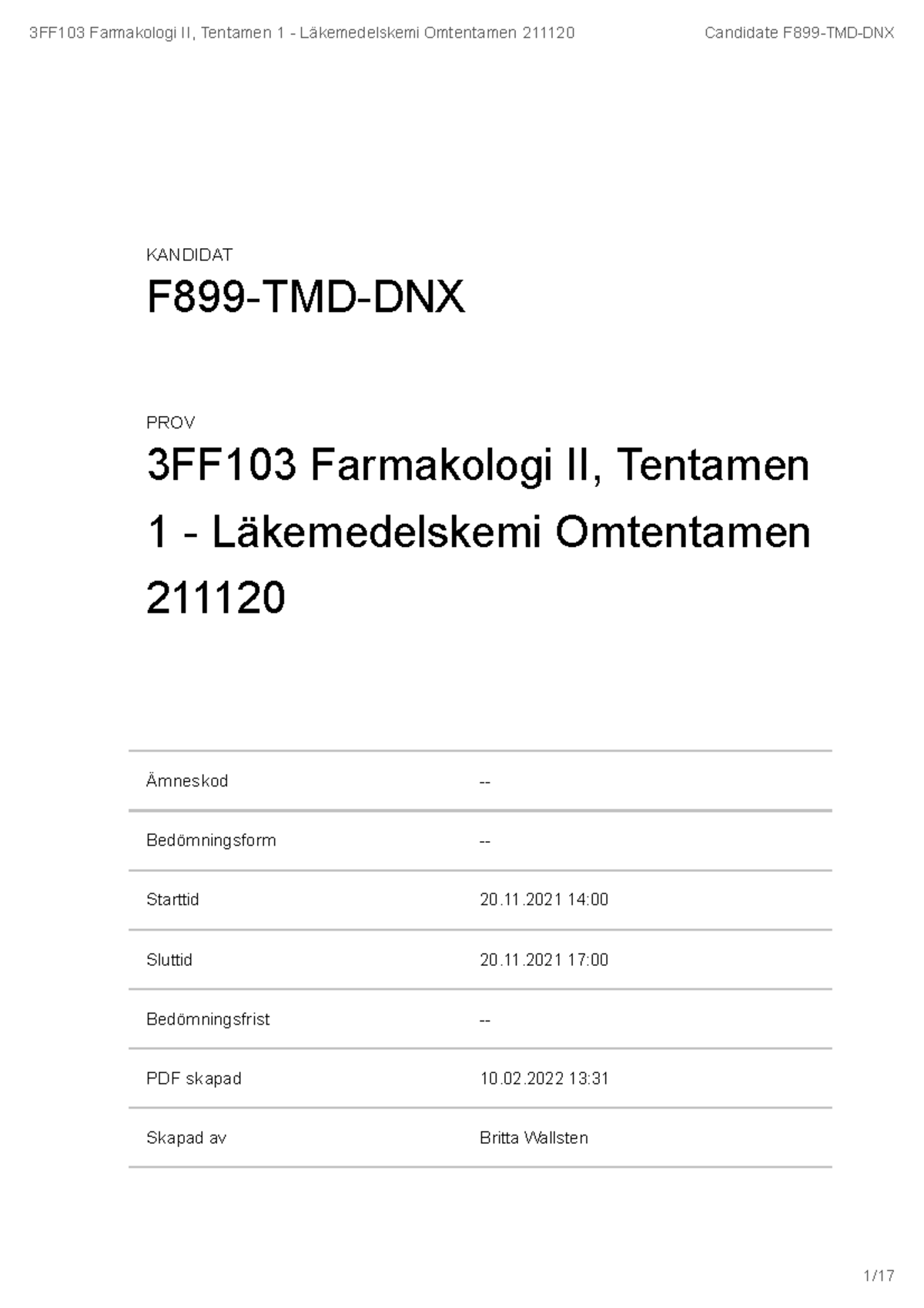 HT21 omtenta, tenta 1, 211120 F899-TMD-DNX (VG) 27 s - Ämneskod ...