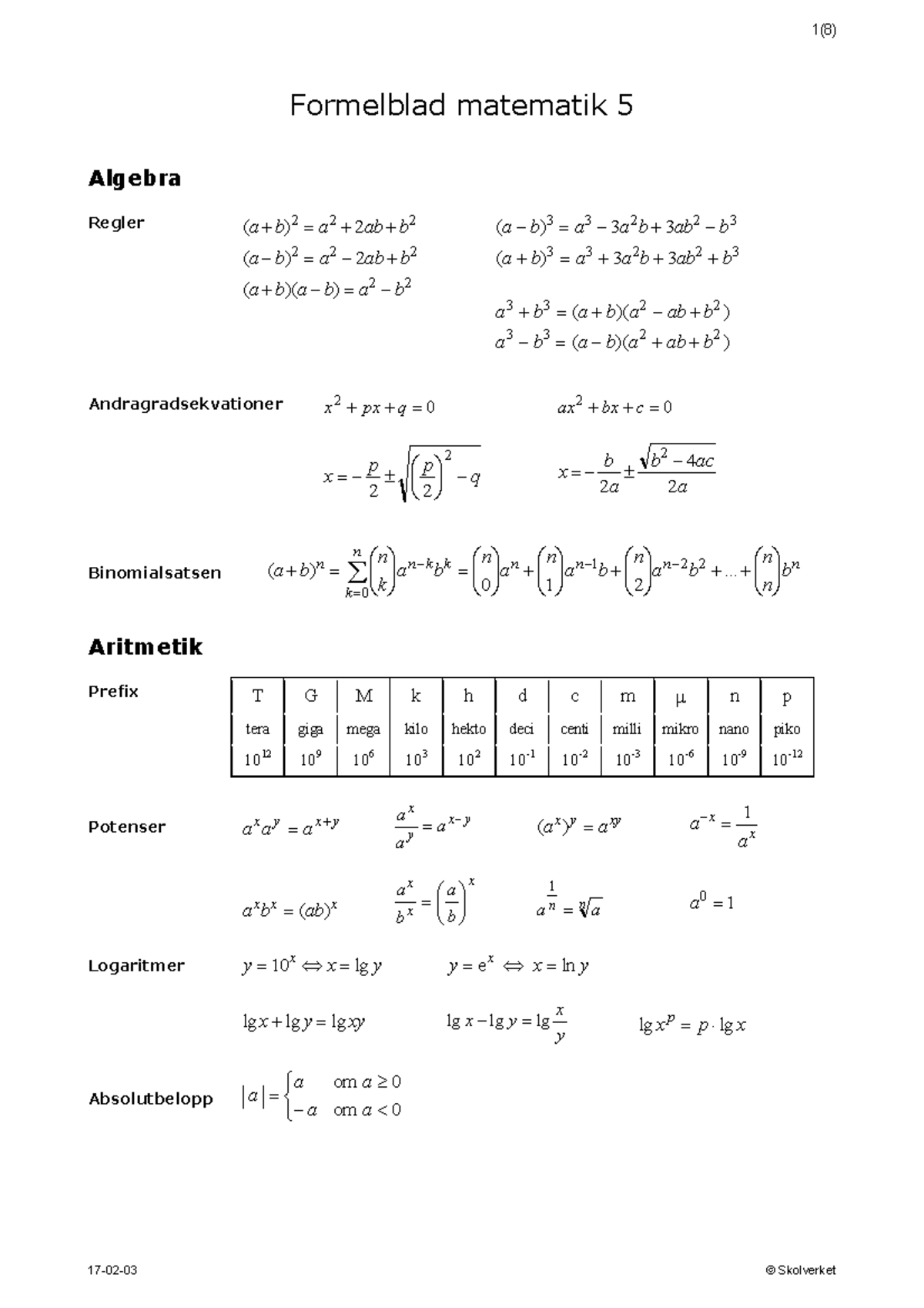 Formelblad matematik 5 - .. 0 1 2 ( ) Aritmetik Prefix T G M k h d c m ...
