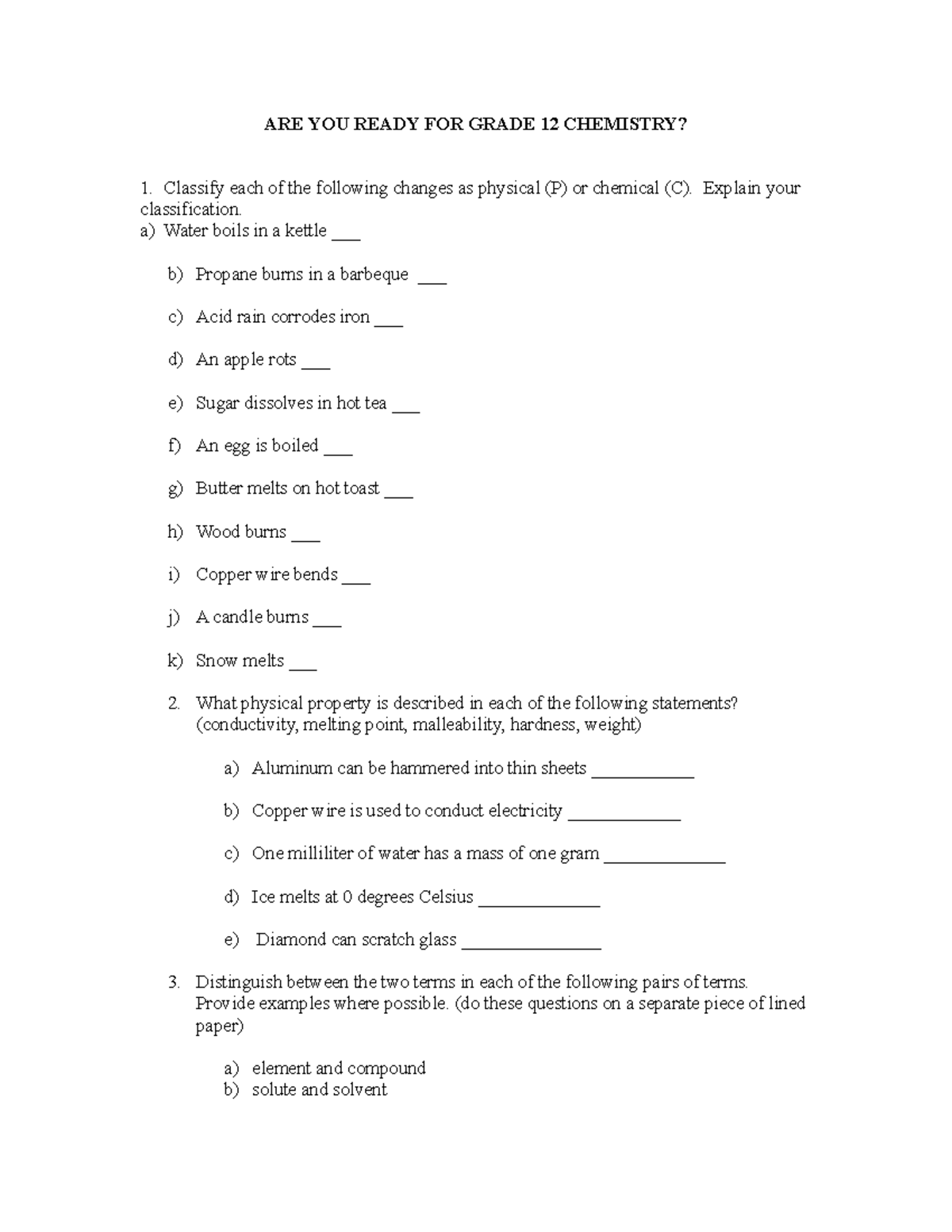 Gr.12 C-Day 1 Review - Innisdale - ARE YOU READY FOR GRADE 12 CHEMISTRY ...
