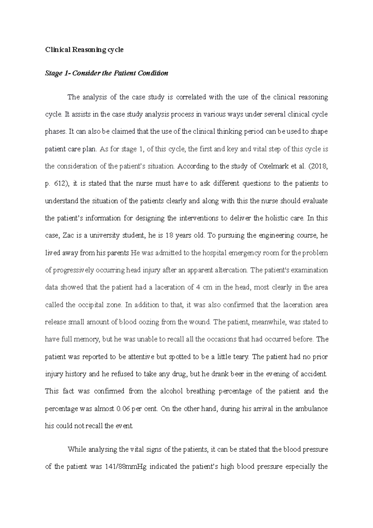 Clinical Reasoning cycle Assesment - Clinical Reasoning cycle Stage 1 ...