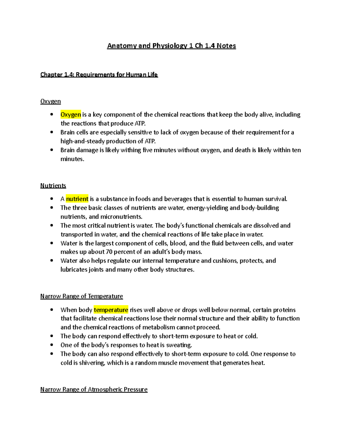 Ch 1.4 Anatomy notes - Anatomy and Physiology 1 Ch 1 Notes Chapter 1 ...