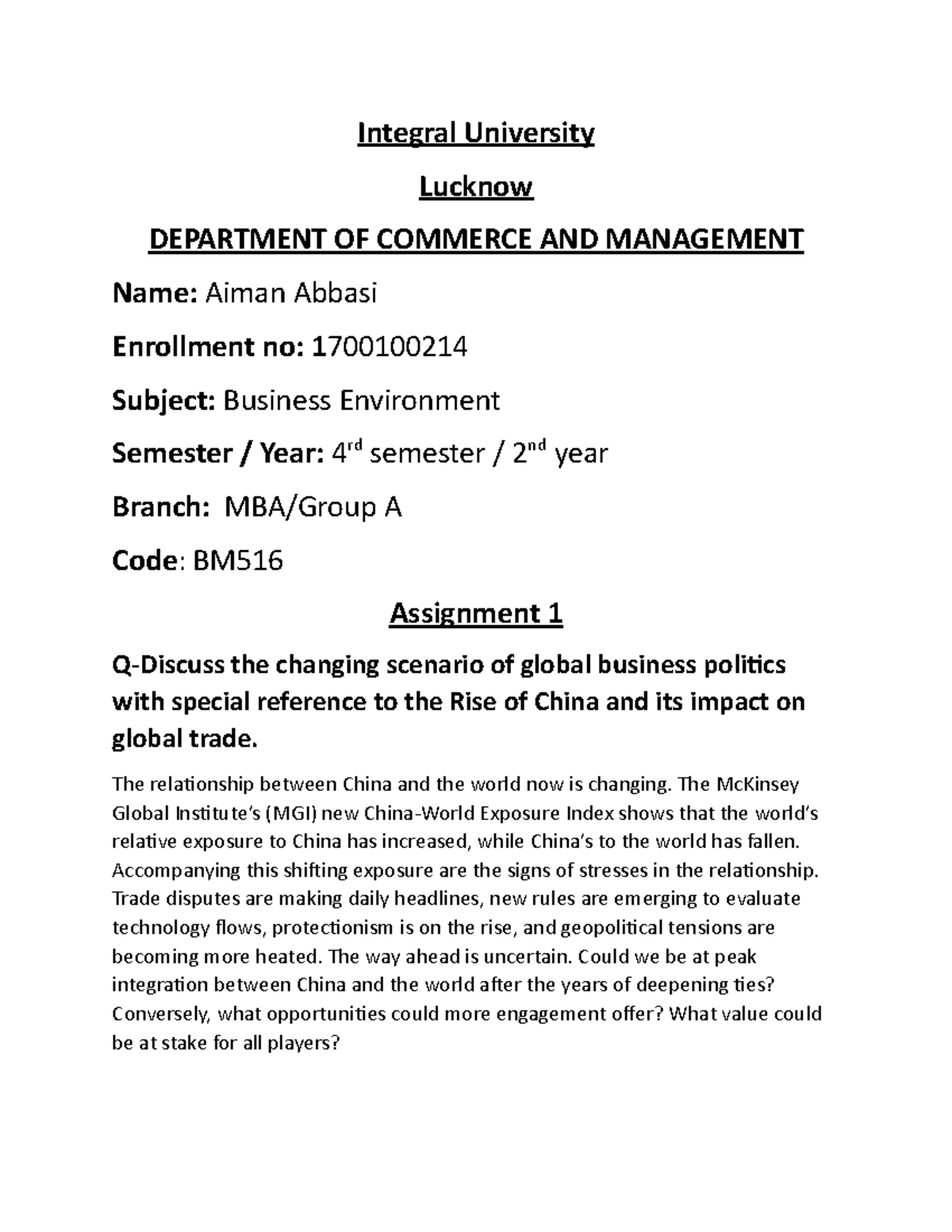 BM516 Assignment 1 - Integral University Lucknow DEPARTMENT OF COMMERCE ...