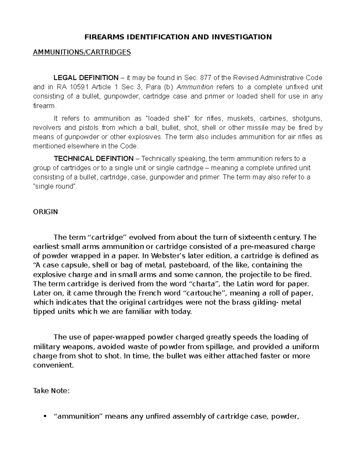 Ammo - 1 - handouts - FIREARMS IDENTIFICATION AND INVESTIGATION ...