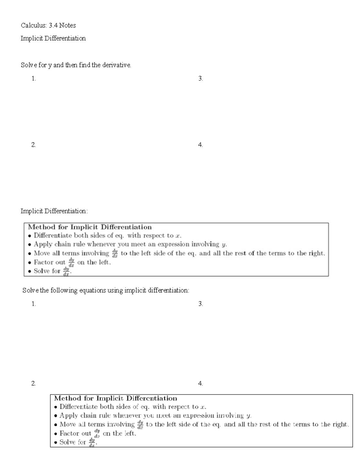 3.4 Notes Implicit Differentiation - Calculus: 3 Notes Implicit ...