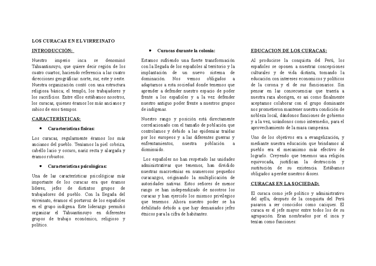 LOS Curacas Trabajo Final - LOS CURACAS EN EL VIRREINATO INTRODUCCIÓN ...