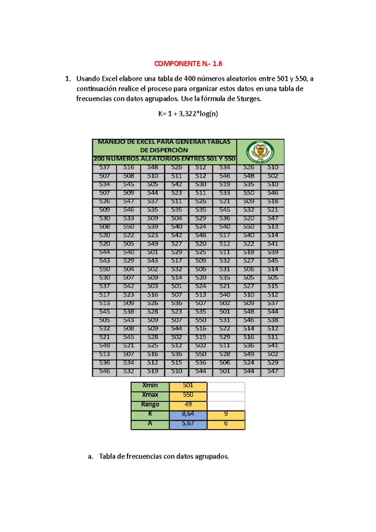 Medidas DE Disper - Apuntes 1 - COMPONENTE N.- 1. Usando Excel elabore ...
