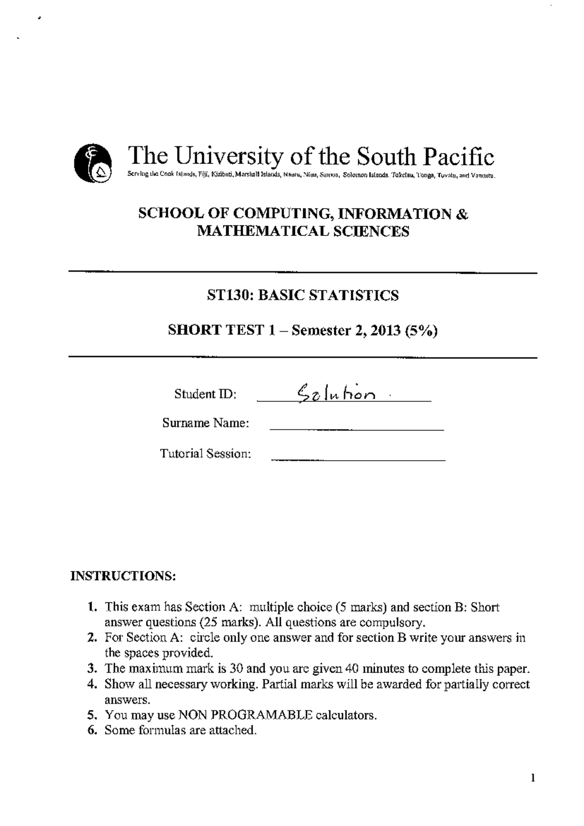 Short Test 1 Sol - solutions to 1st test - Basic Statistics - Studocu