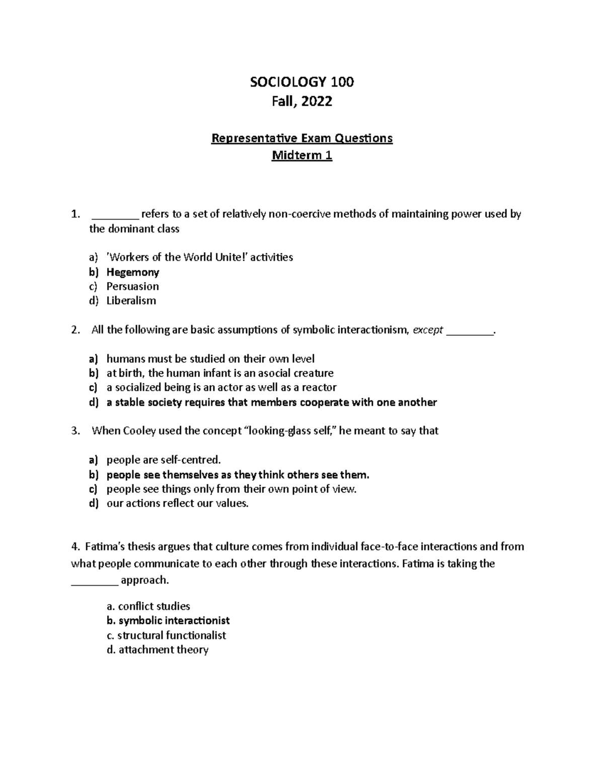 100 Midterm 1- Representative Questions-Answers - SOCIOLOGY 100 Fall ...