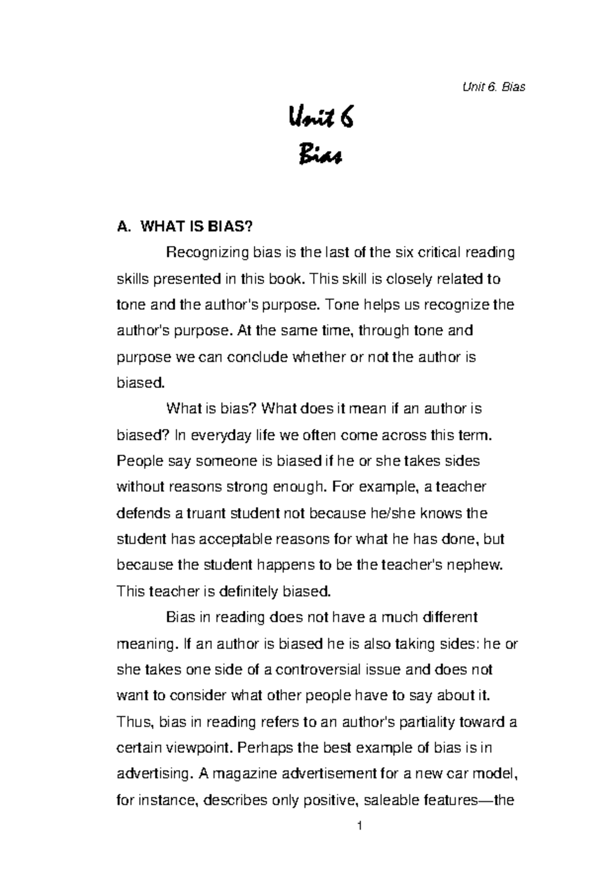 AR Unit 6 Bias - Assignment - 1 Unit 6 Bias A. WHAT IS BIAS ...