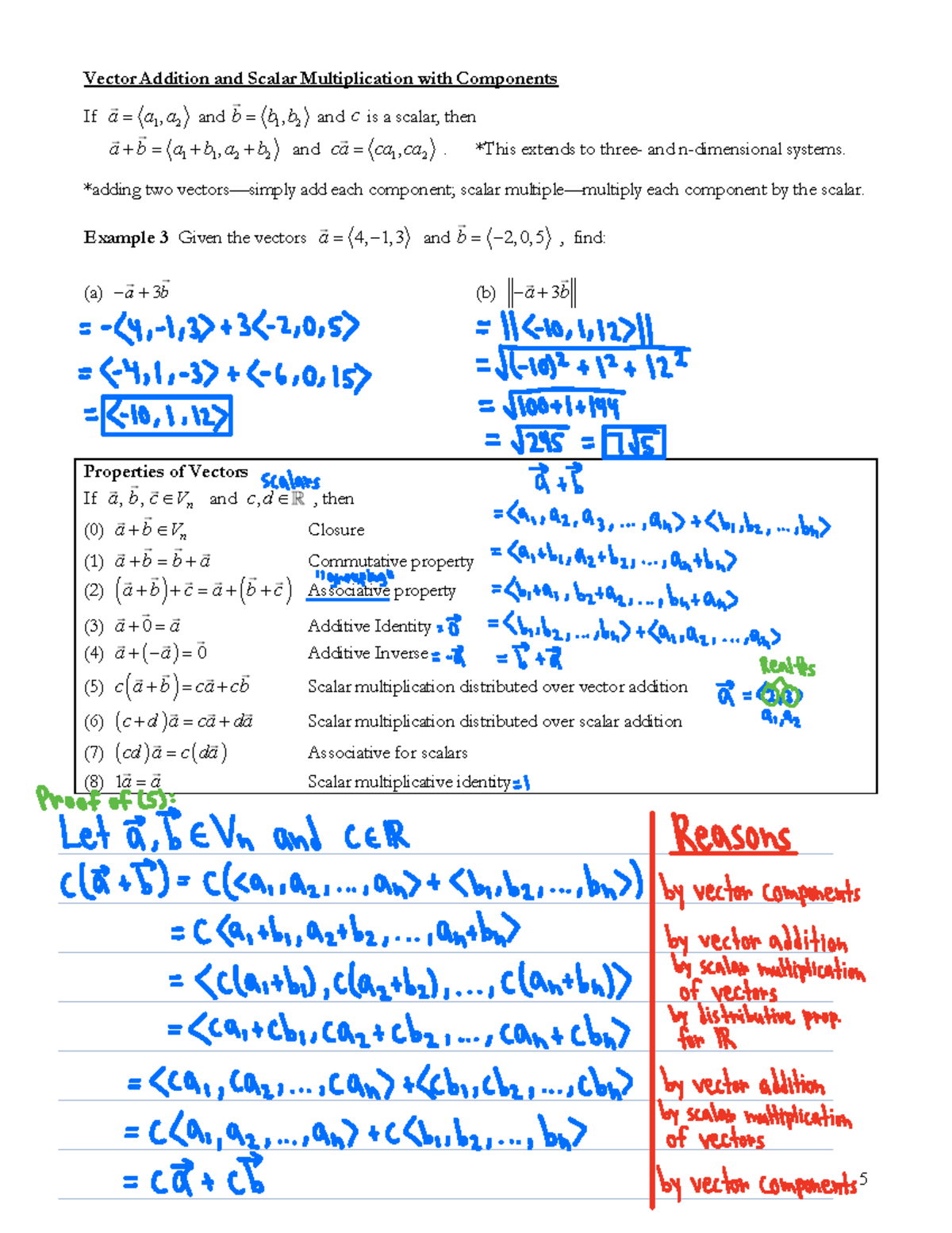 Vector Addition And Scalar Multiplication With Components This
