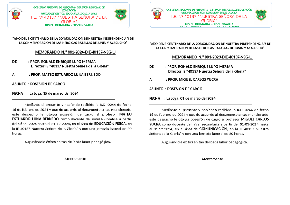 Memorando 2024 - EDUCACIÓN UNIDAD DE GESTION EDUCATIVA LOCAL LA JOYA I ...