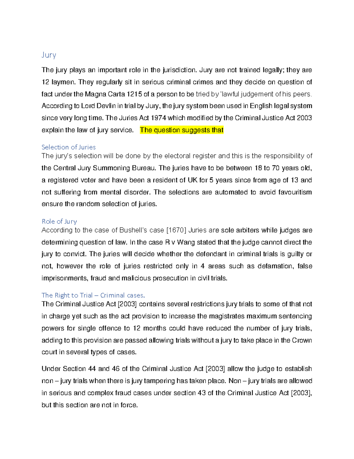 Civil justice system - summary - Jury The jury plays an important role ...