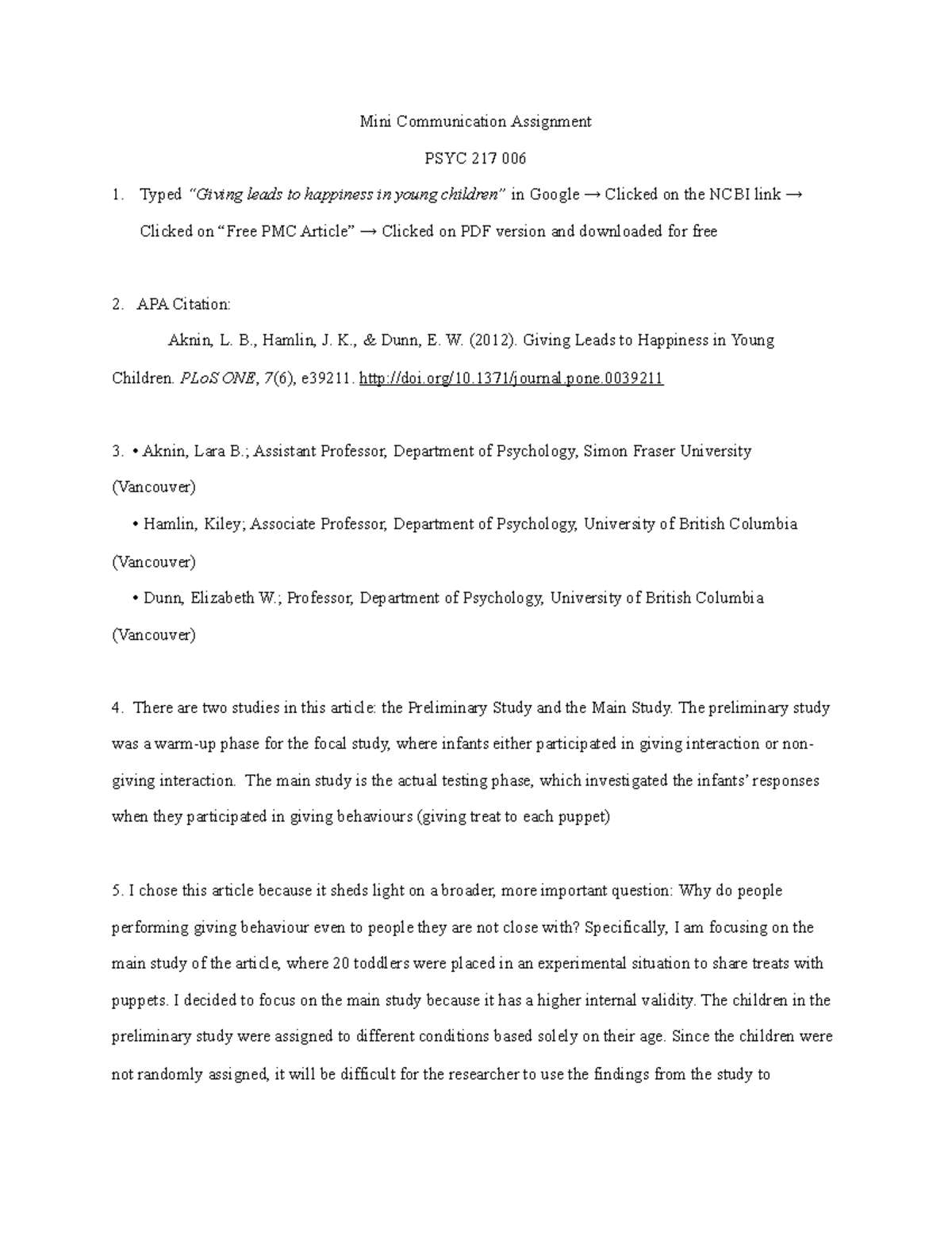 PSYC 217: Research Methods Mini- communication experiment - Mini Communication Assignment PSYC ...