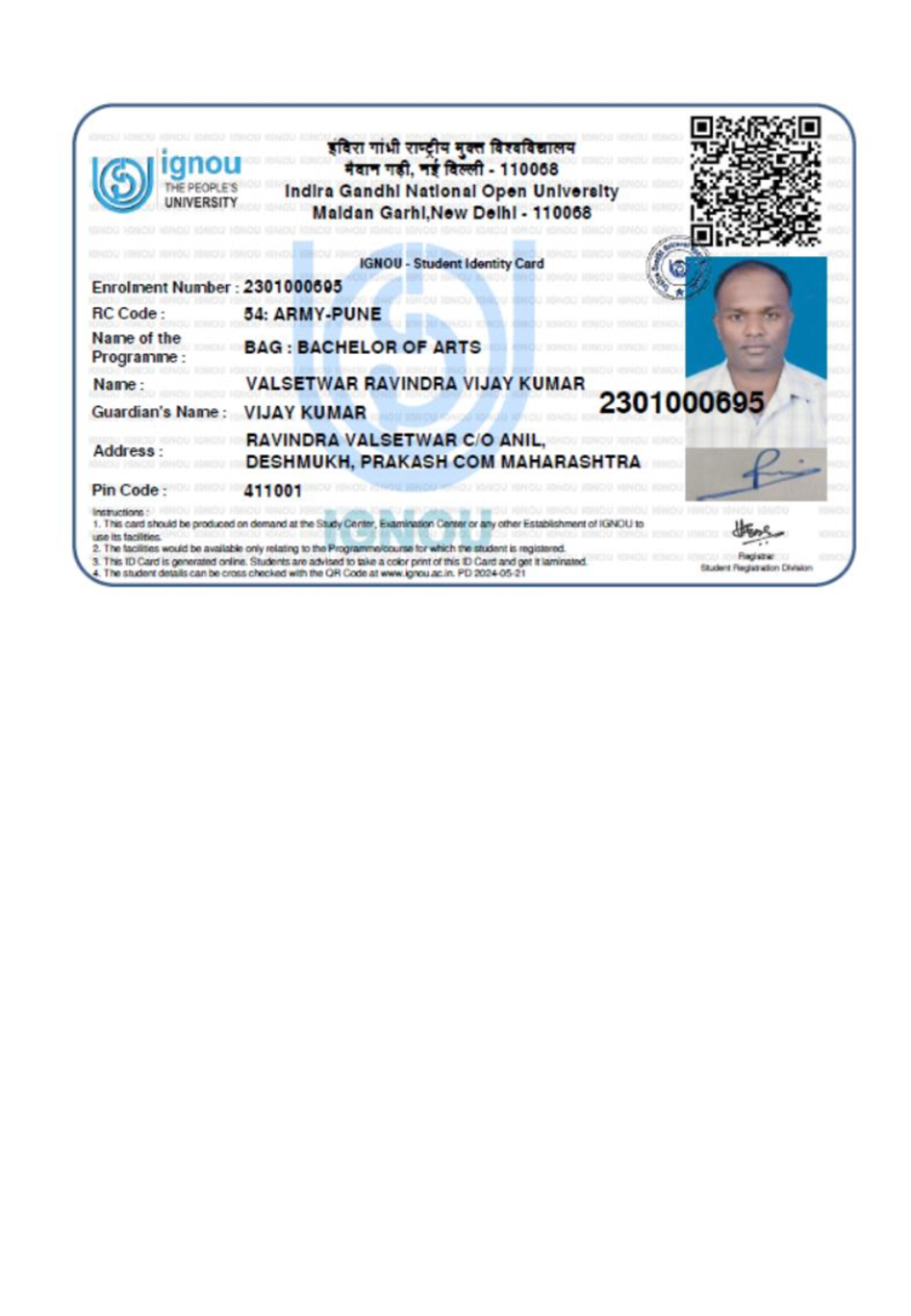 Admit card - start Tiff you ignou faceft 110068 THE Indira Gandhl ...