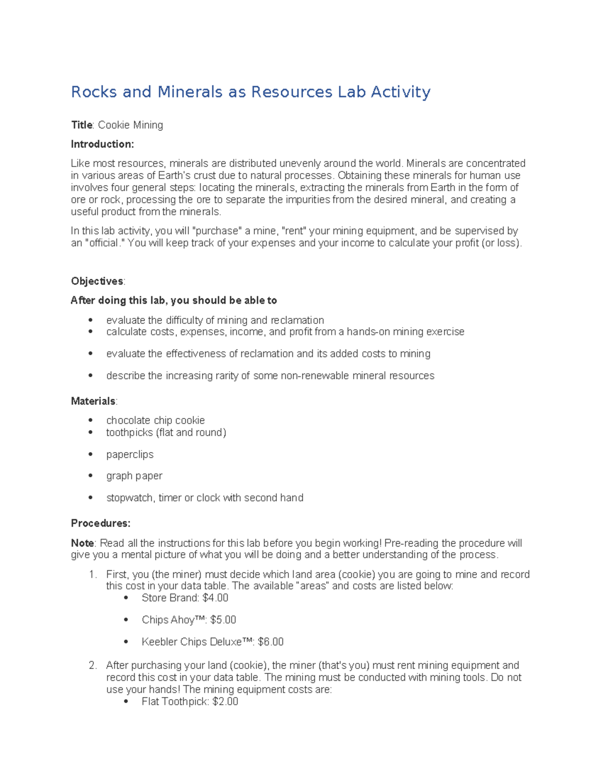 Rocks minerals resources lab activity - Rocks and Minerals as Resources ...
