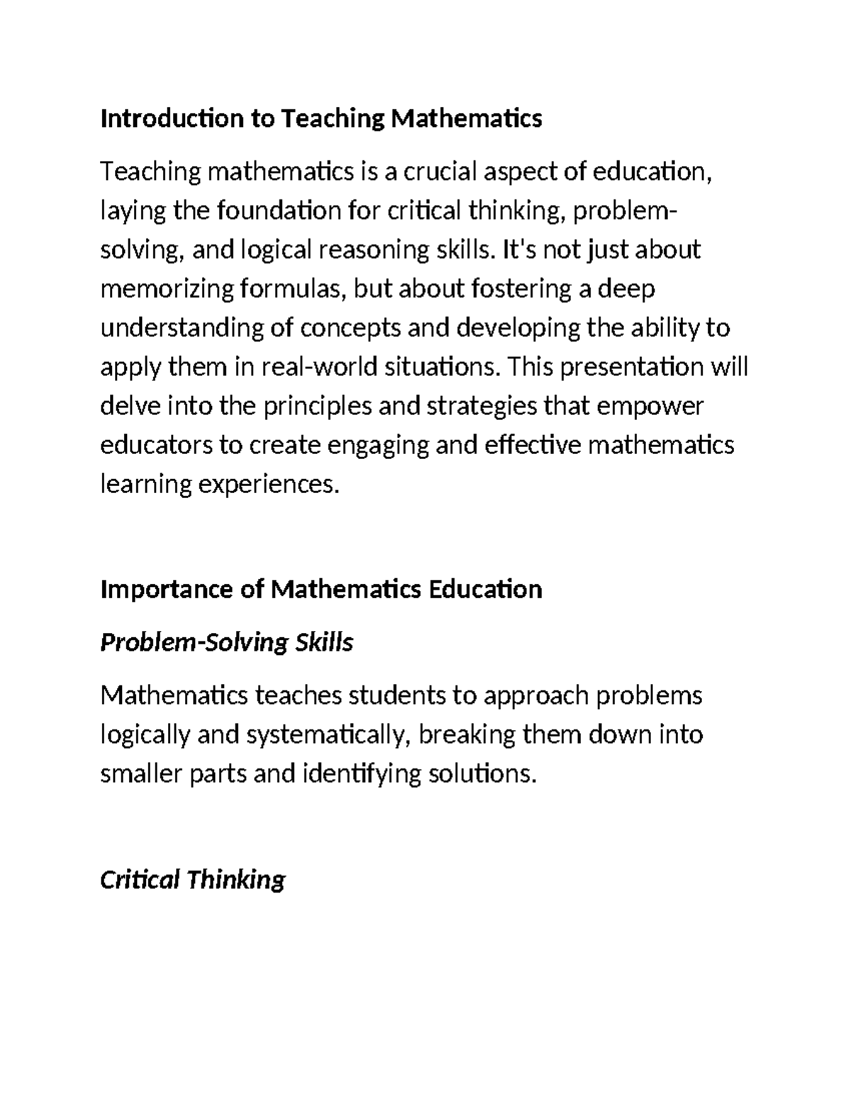 Principles Strategies In Teaching Mathematics - Introduction to ...
