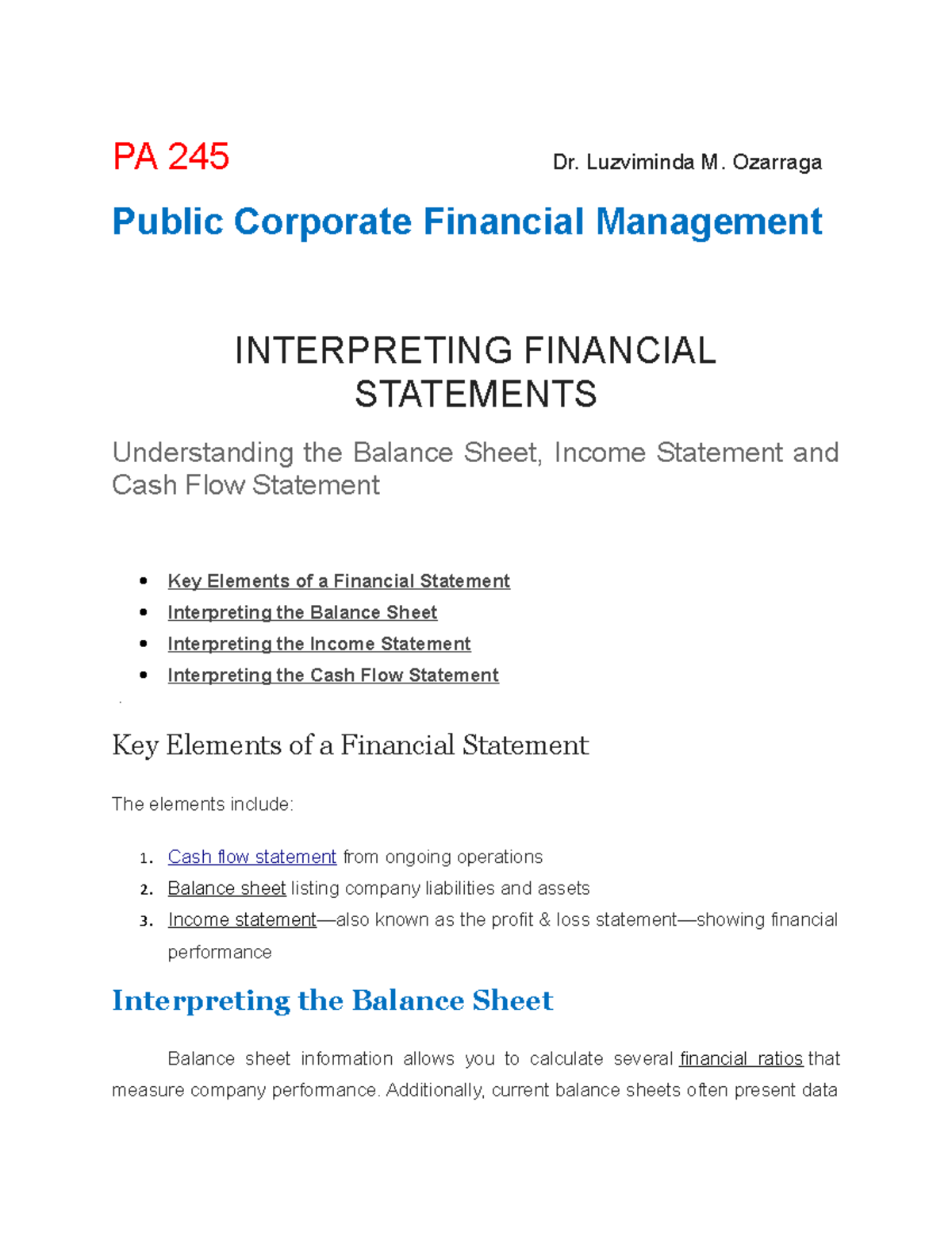 Interpreting-Financial-Statements in an orderly manner. - PA 245 Dr ...