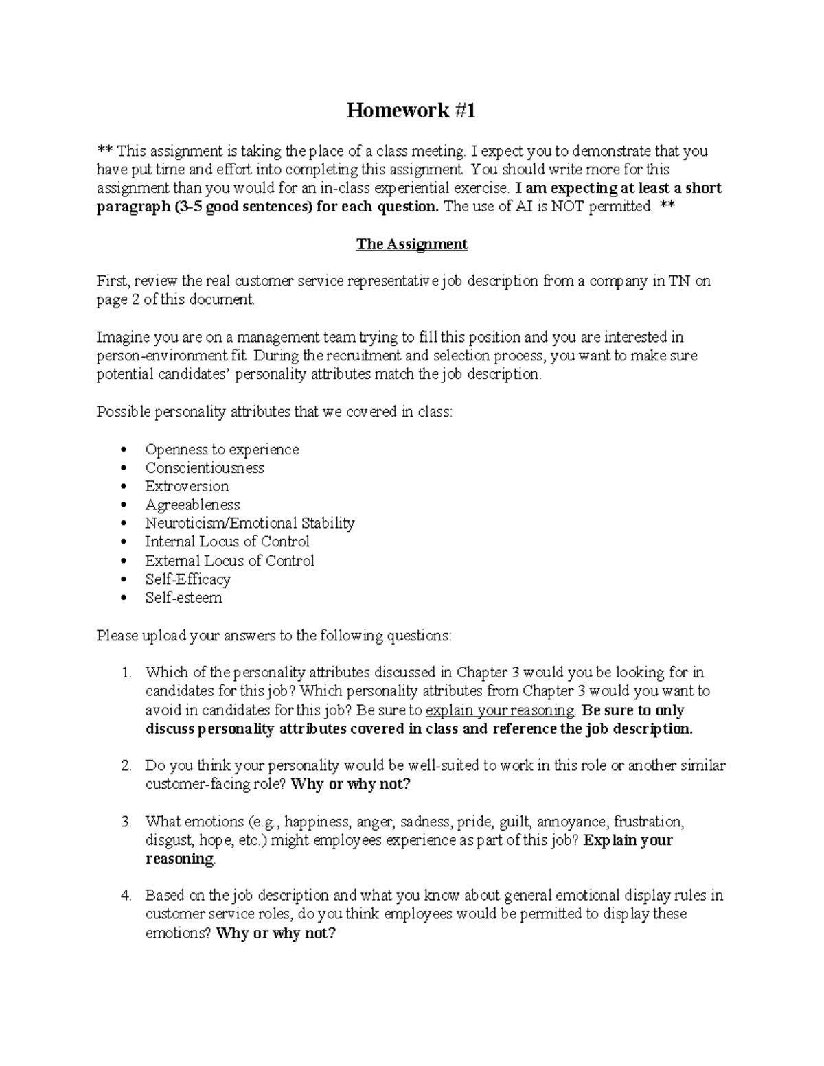 Homework #1 with Job Description - Homework ** This assignment is taking the place of a class ...