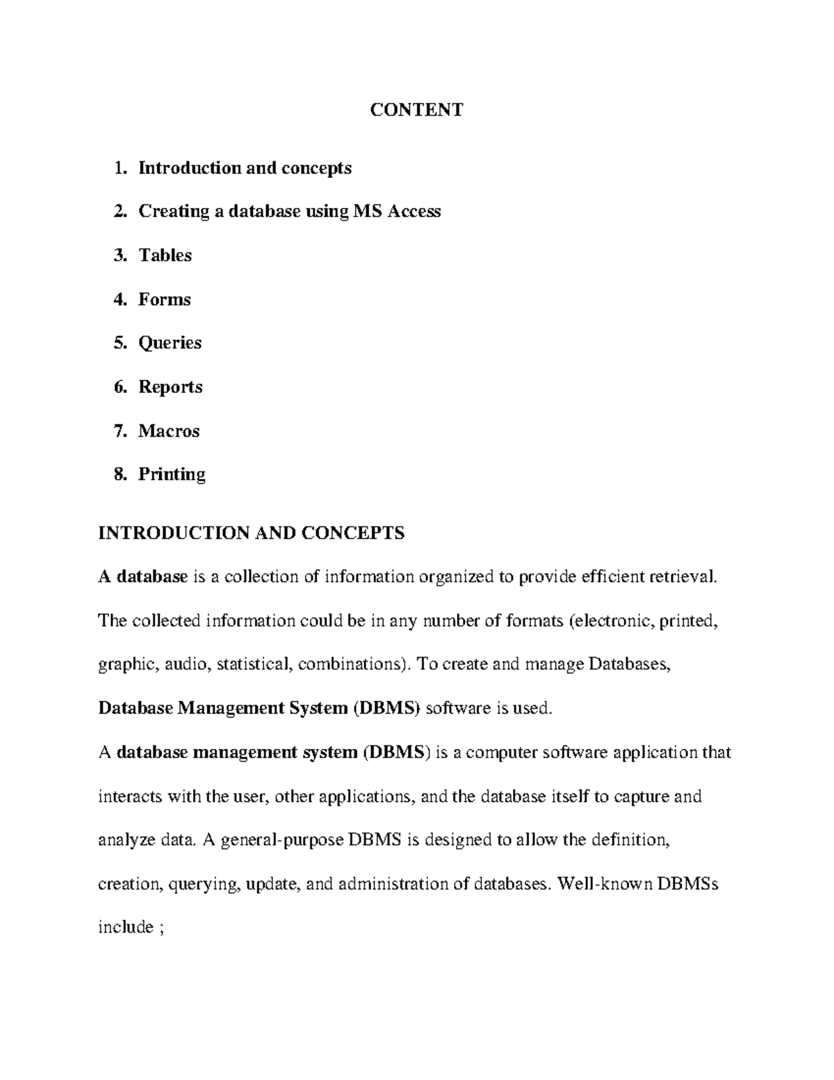 Databases - Introduction to computer studies - CONTENT Introduction and ...