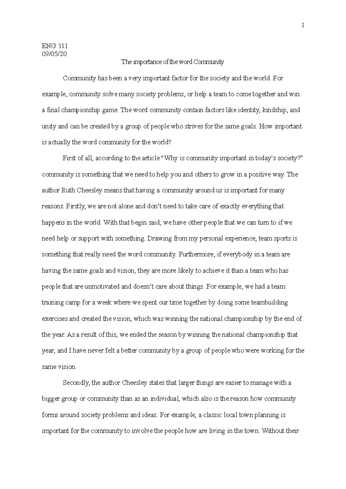 Unit 1 essay - Grade: B+ - 1 ENG 111 09/05/ The importance of the word ...