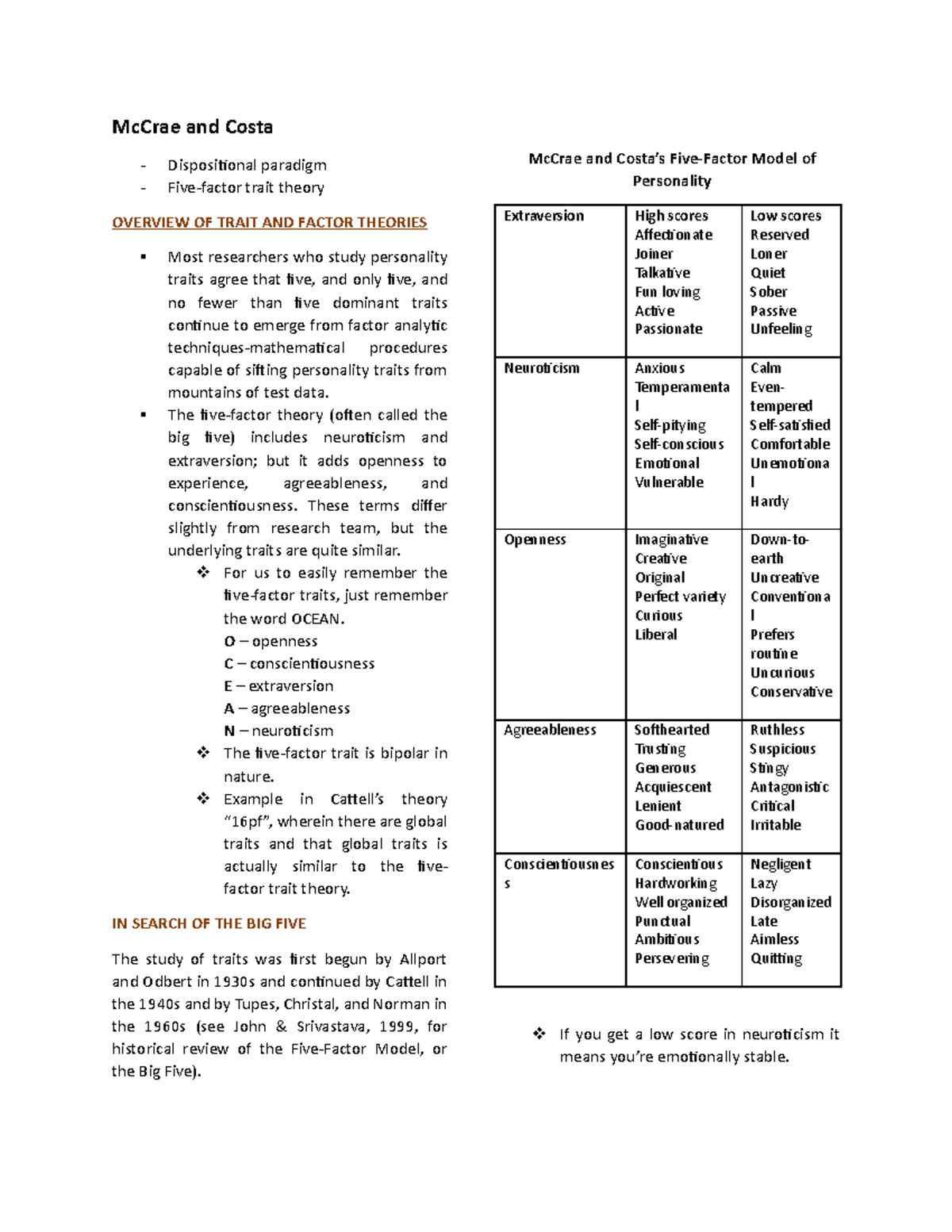 Mccrae & Costa (Five Factor Theory) - McCrae and Costa Dispositional ...