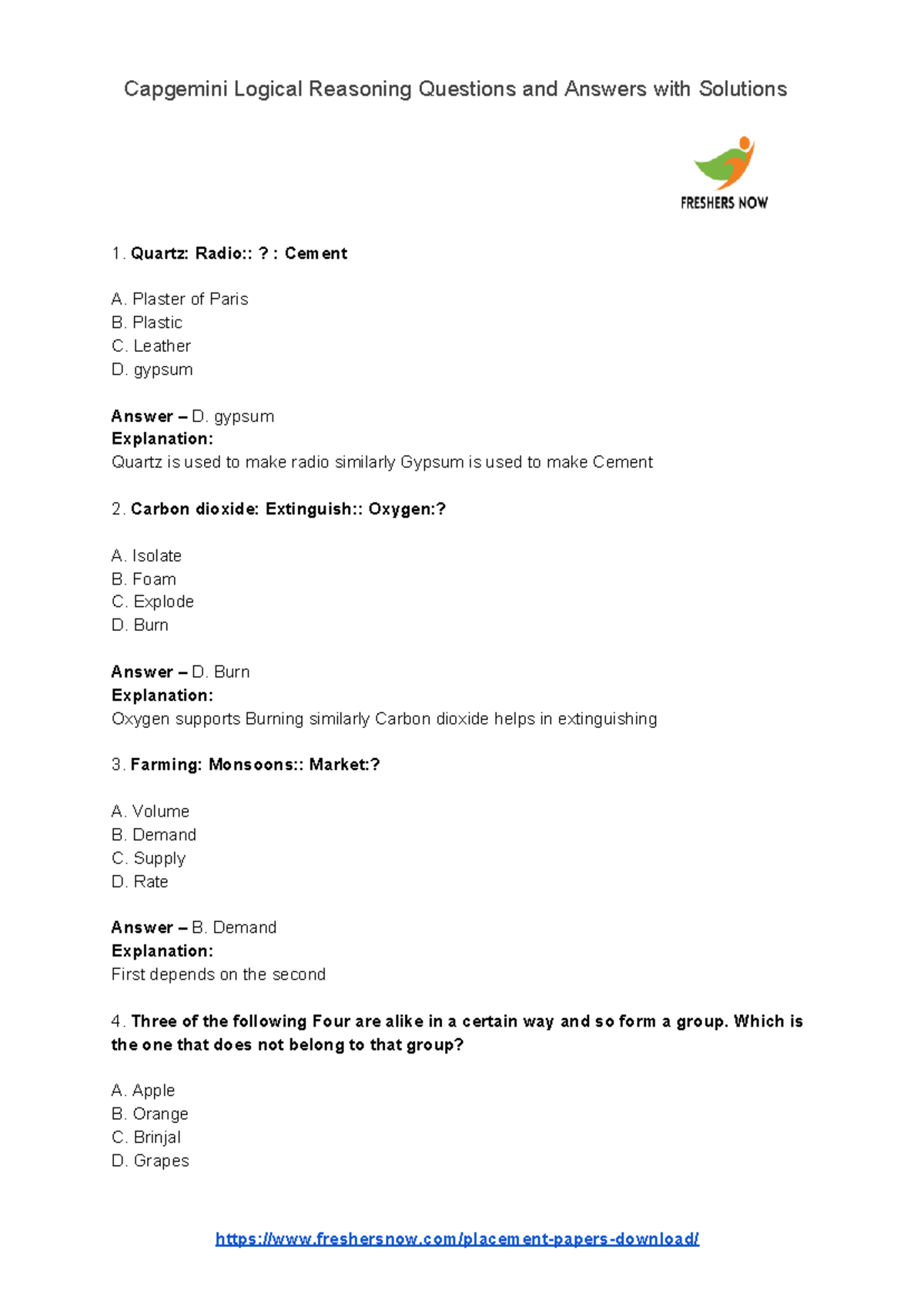 Capgemini Logical Reasoning Questions and Answers - Quartz: Radio ...