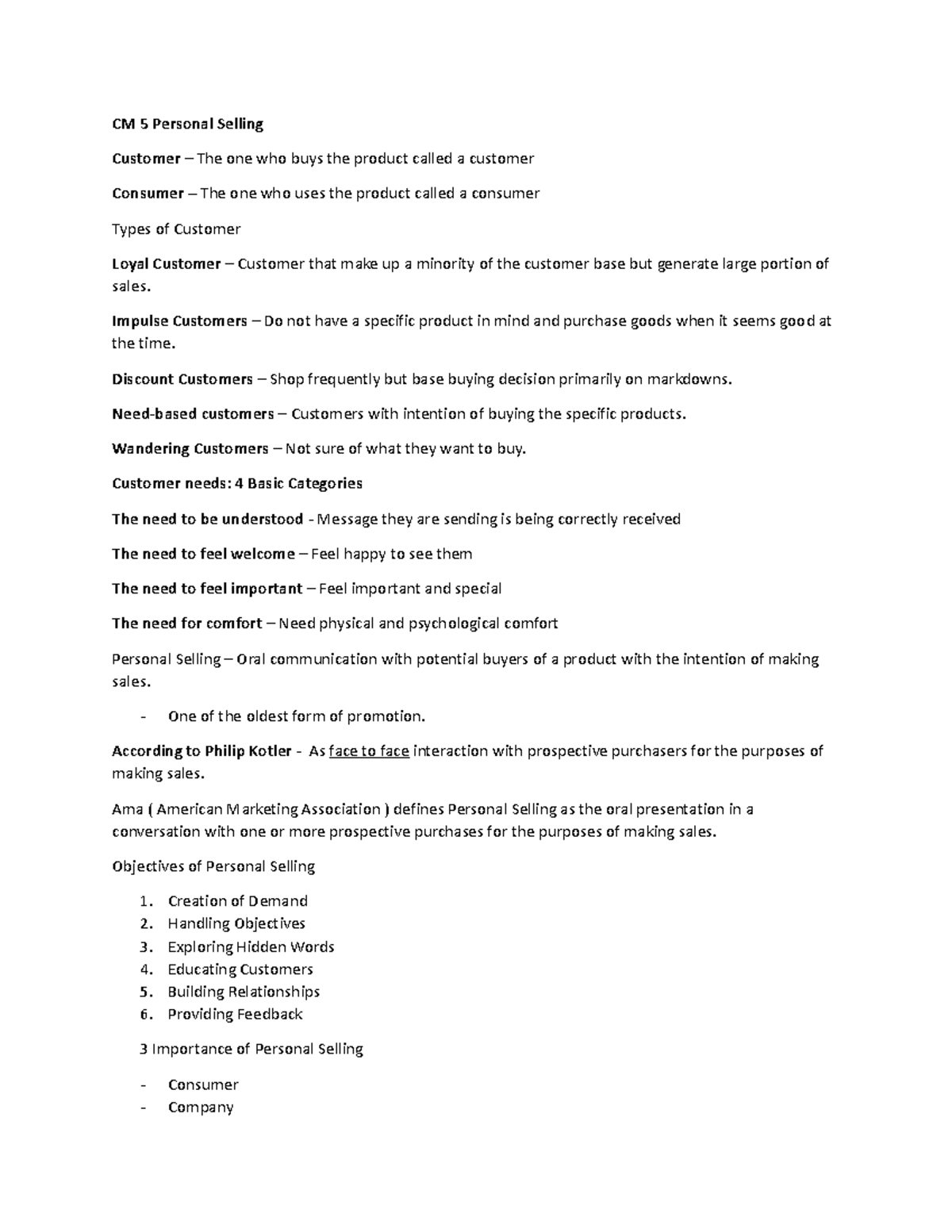 CM 5 Personal Selling - Imporante - CM 5 Personal Selling Customer ...