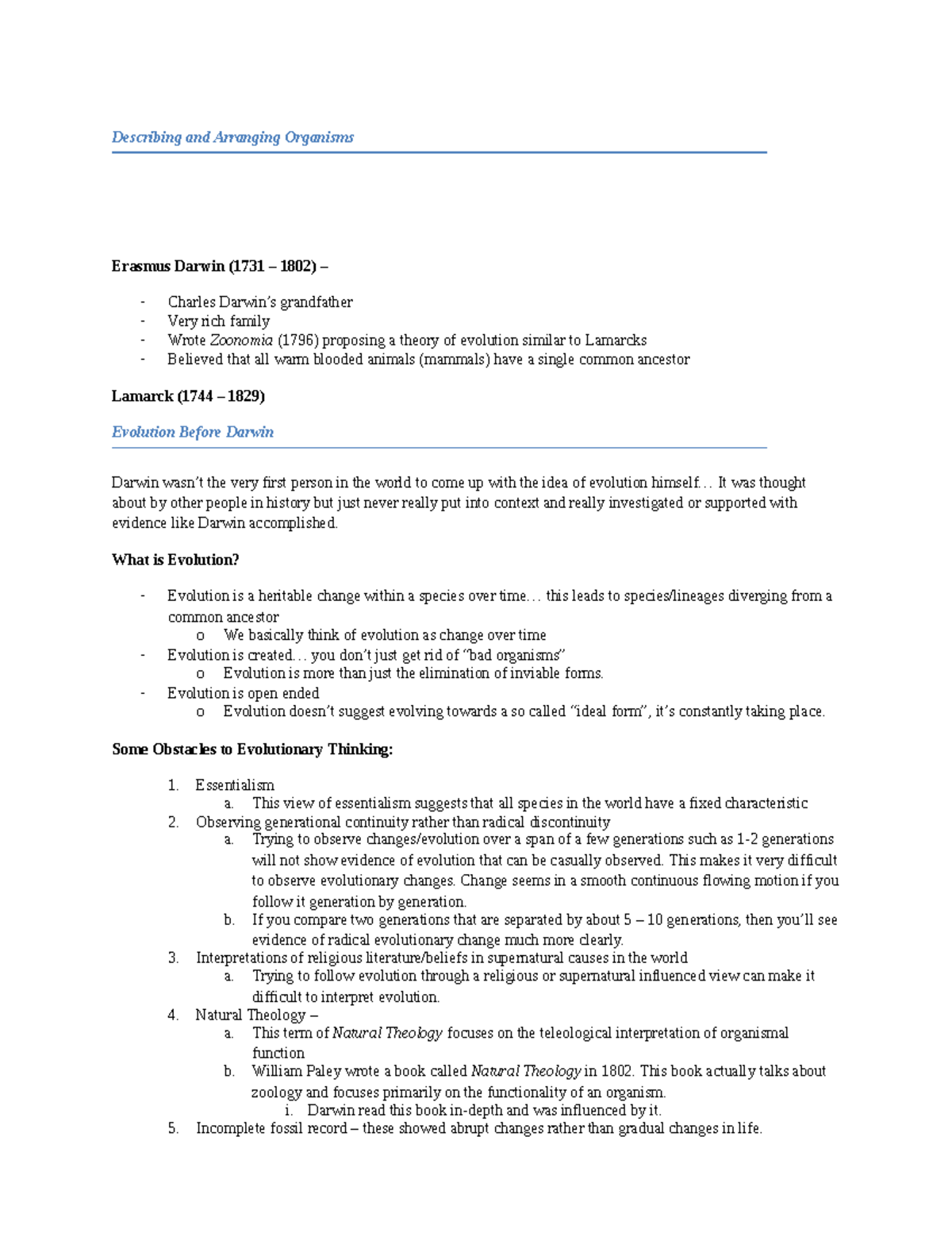 Final Exam Self Notes starting from Evolution Before Darwin ...