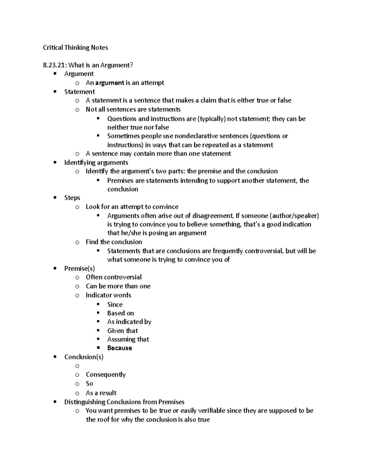 Critically Thinking Notes - 23: What is an Argument? Argument o An ...