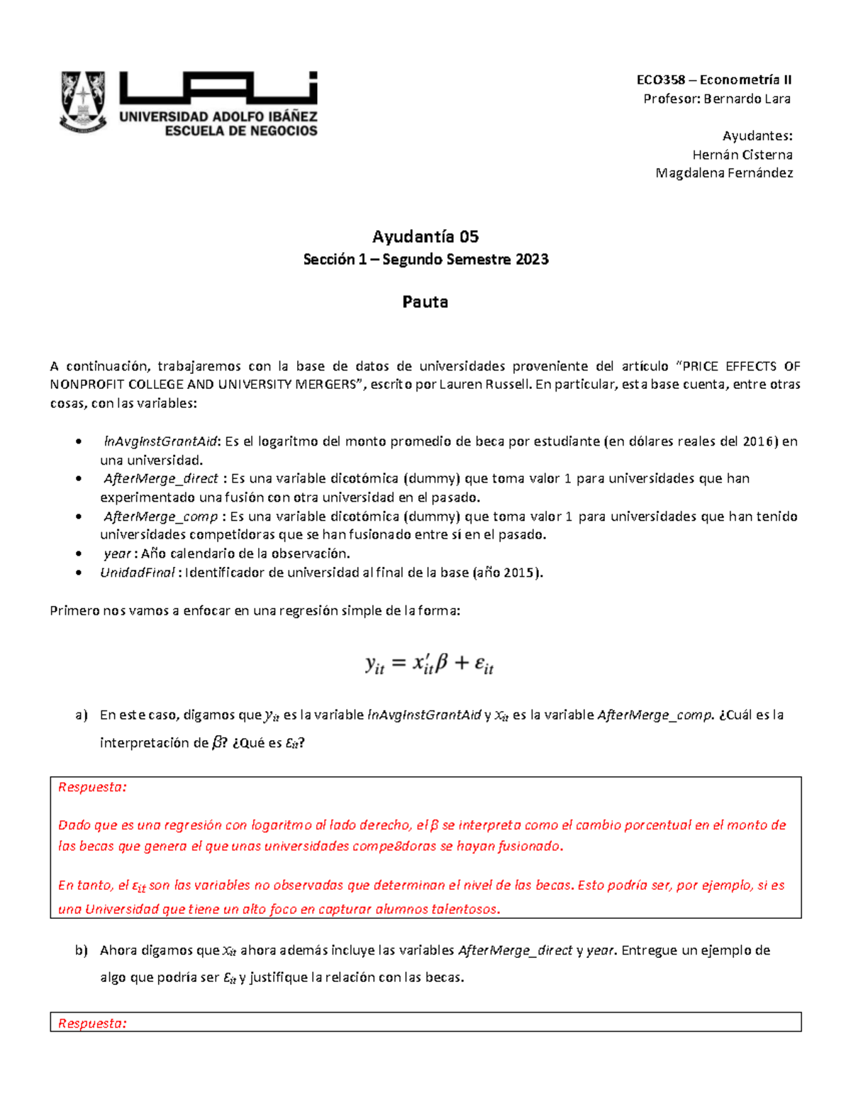 Ayudant Ã­a 5 - Pauta - Respuesta: Dado que es una regresión con logaritmo al lado derecho, el β ...