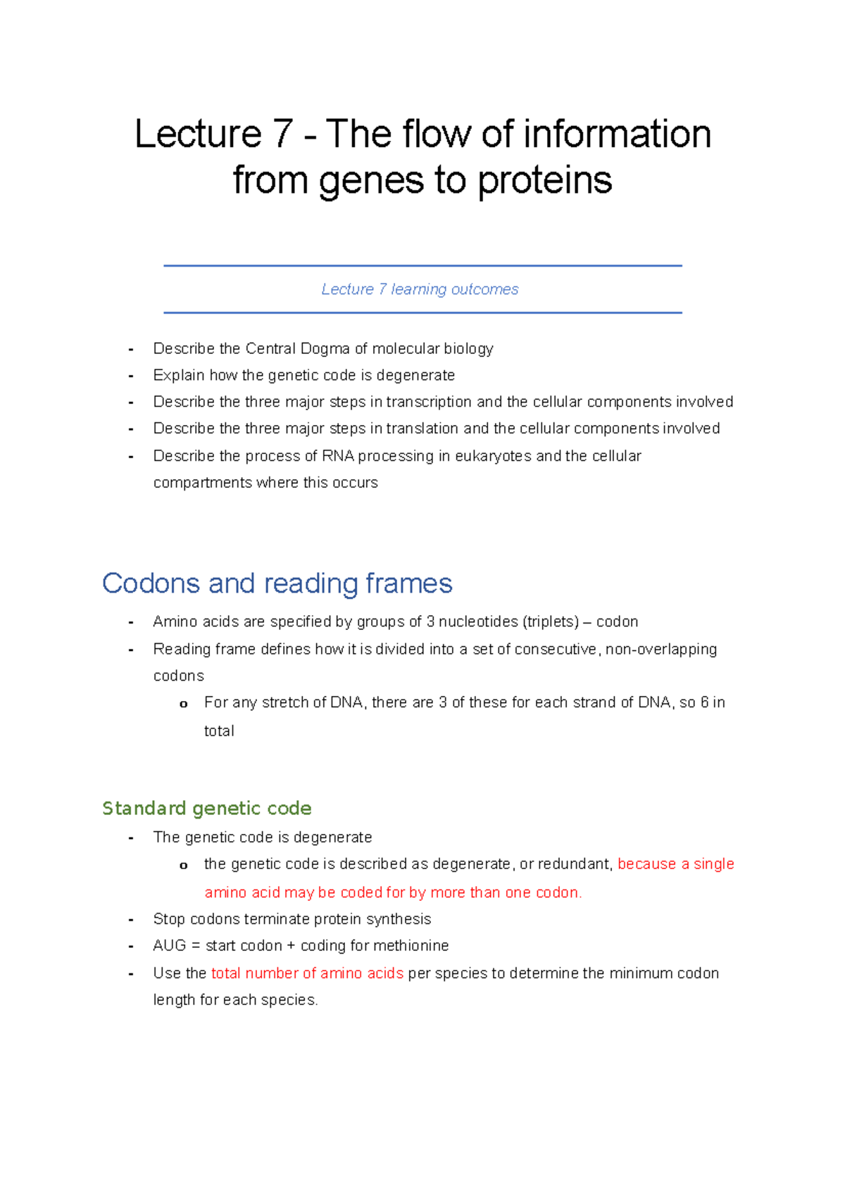 2. maintaining life - Lecture 7 - The flow of information from genes to ...