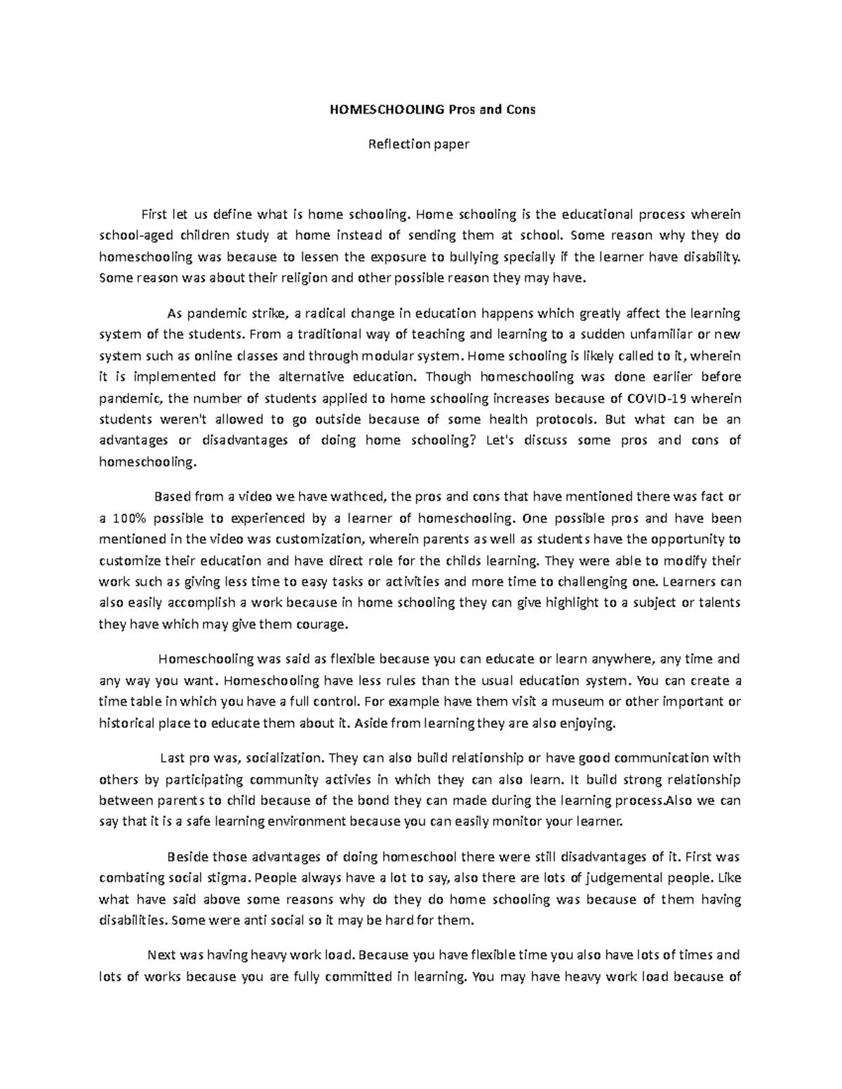 Homeschooling - school notes - HOMESCHOOLING Pros and Cons Reflection ...