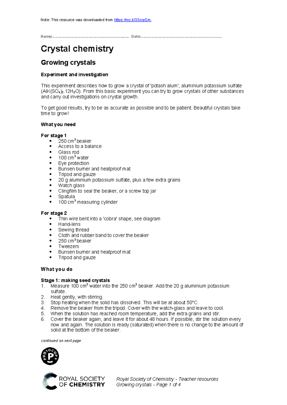 Growing crystals worksheet - Name